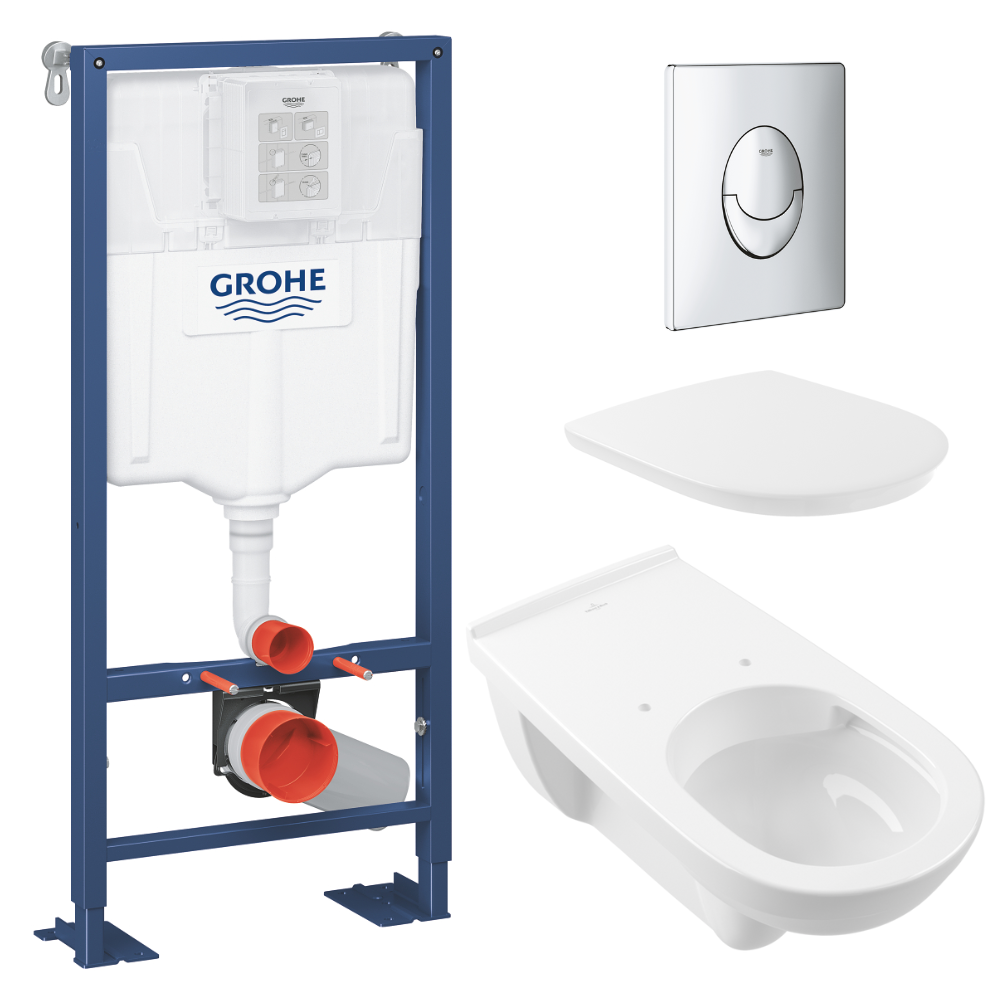 Pack WC suspendu PMR sans bride VILLEROY ET BOCH O.novo + abattant + plaque chromée + bâti Grohe ...