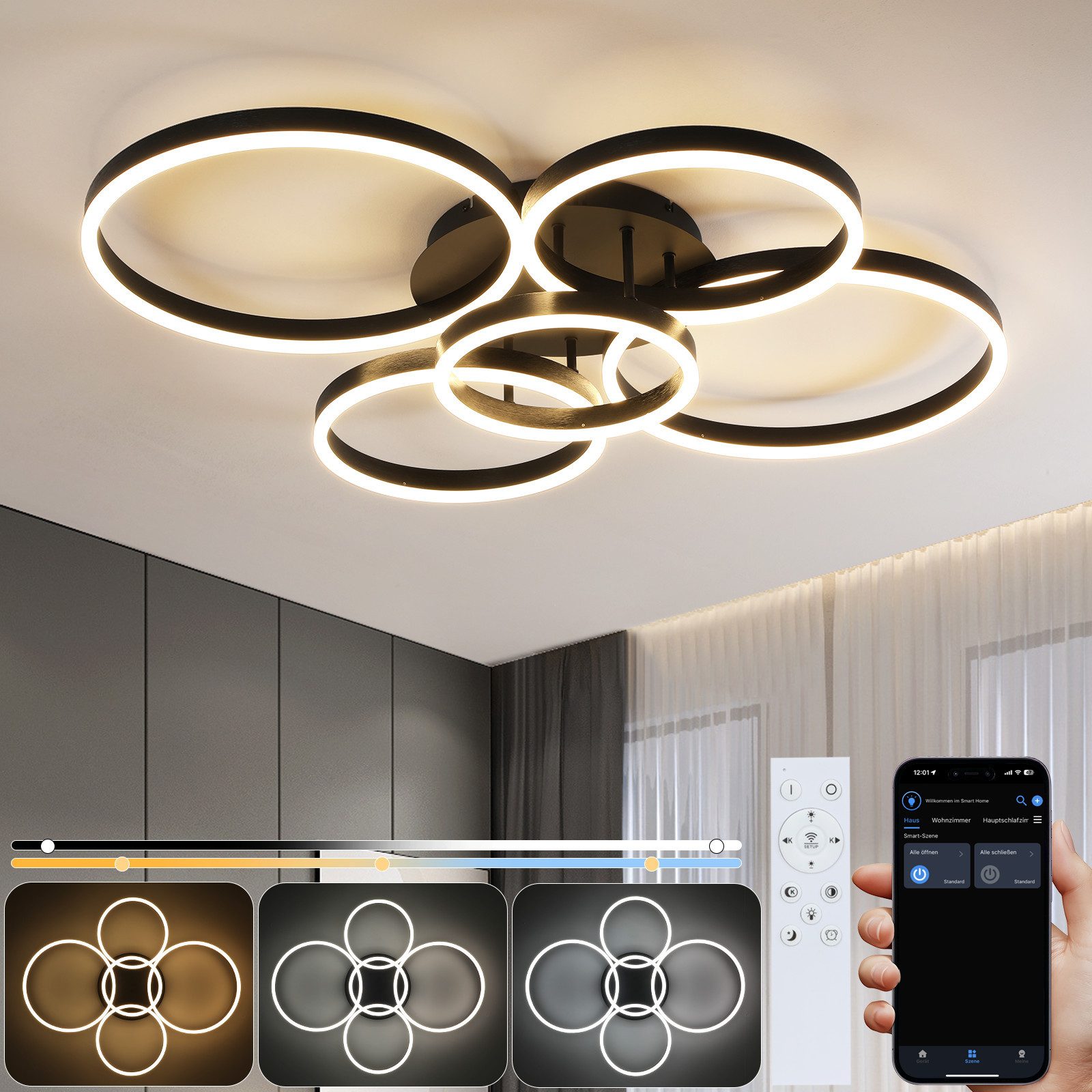 NETTLIFE Lampa sufitowa LED do salonu, ściemnialna, 78 W, 3000-6500 K ...