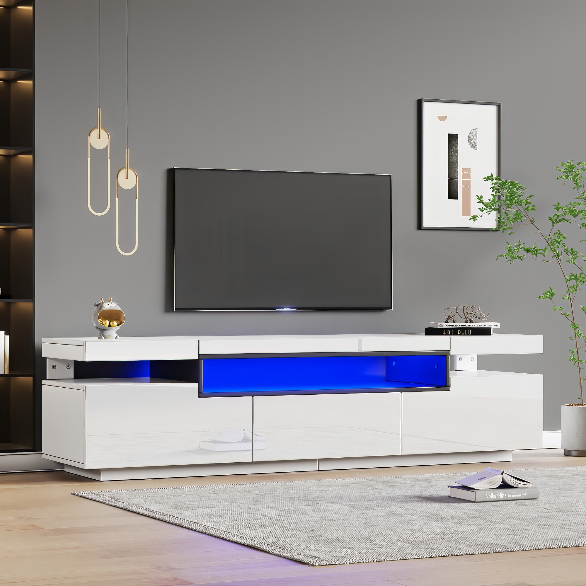 Banc TV Moderne avec 3 Tiroirs et Éclairage LED - Finition Brillante ...