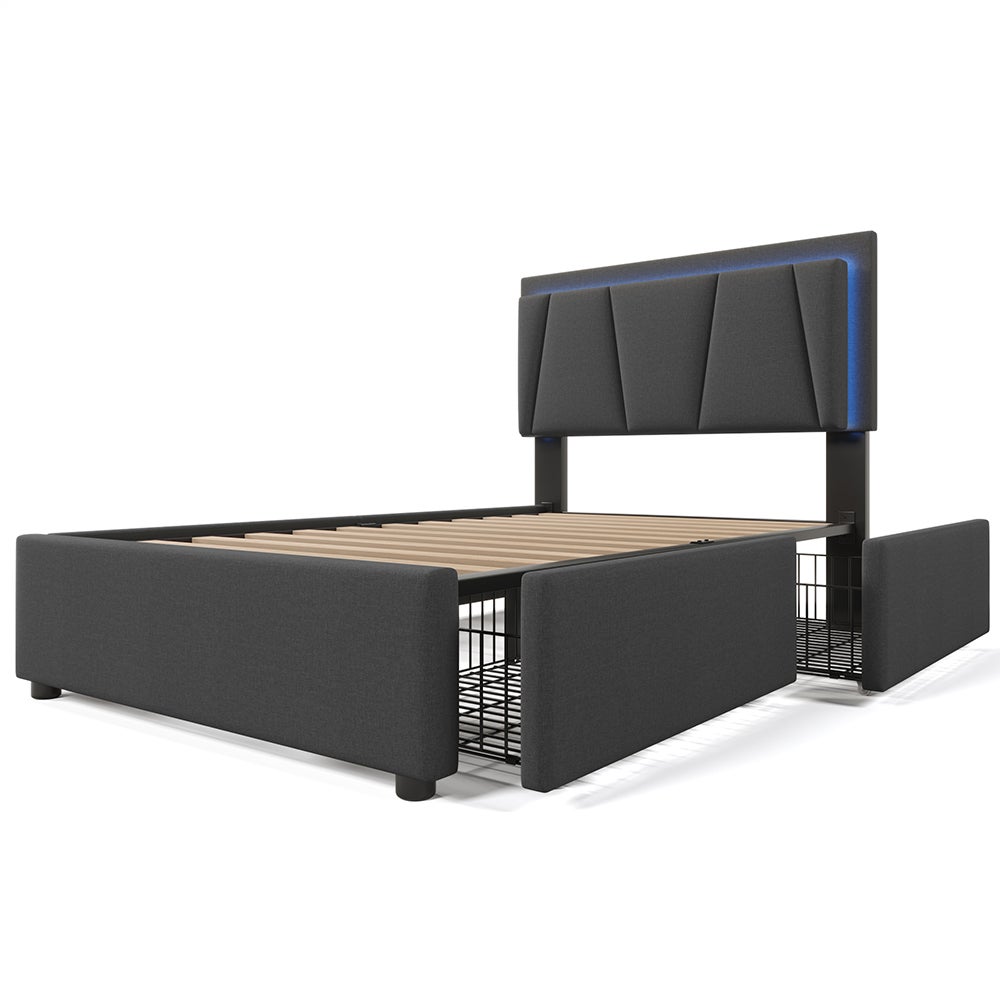 Lit simple 90x200cm Lit avec tiroirs Lit rembourré avec éclairage LED ...