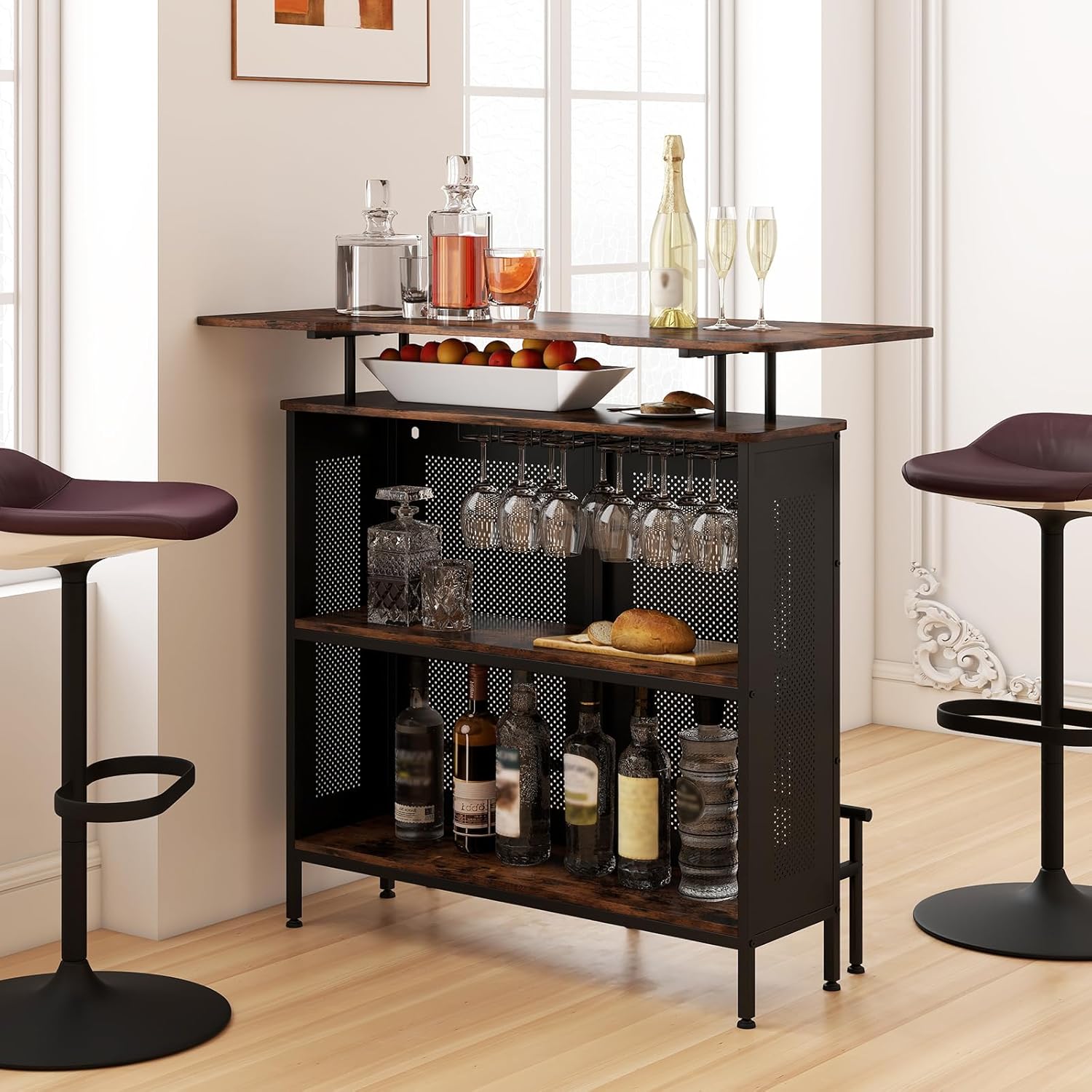 Table de Bar en Cadre Métallique, Meuble de Cuisine avec Étagère ...