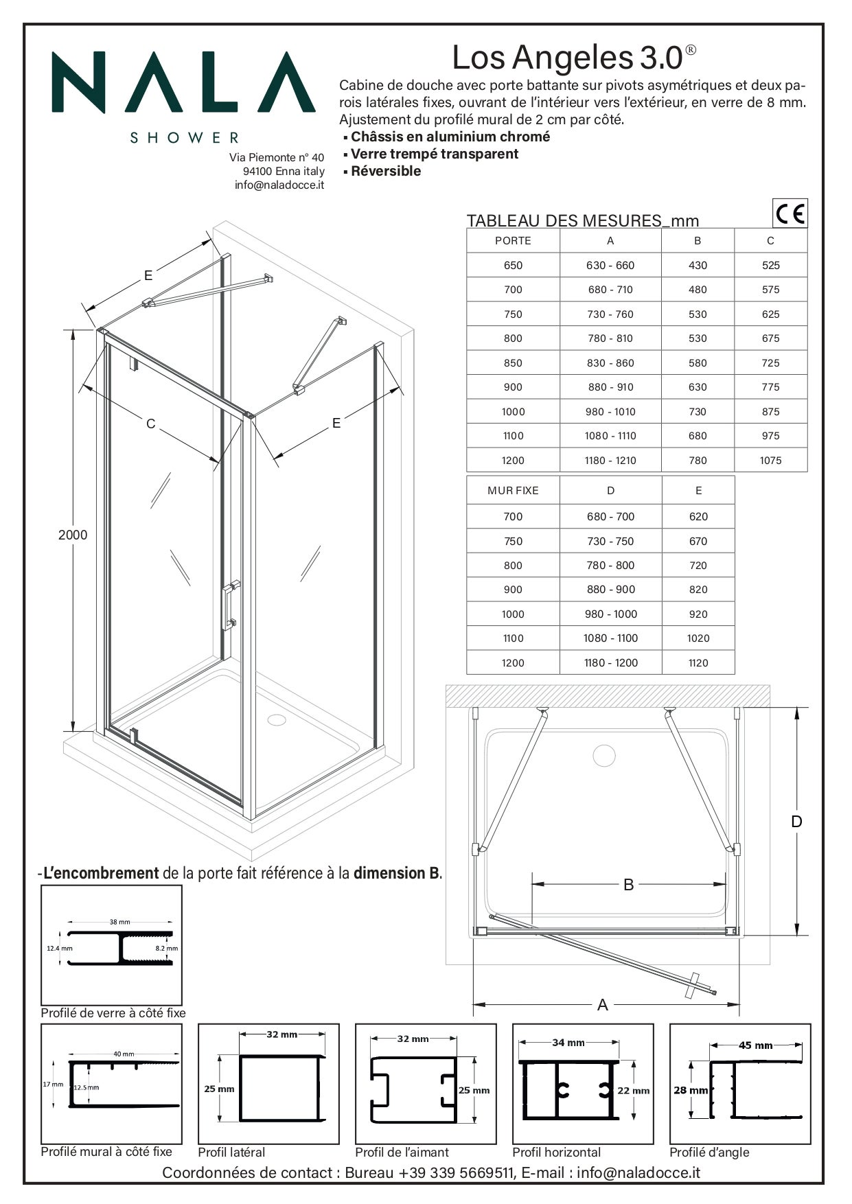 NALA Box Doccia Con 2 Pareti Fisse Laterali e Porta Battente Frontale ...