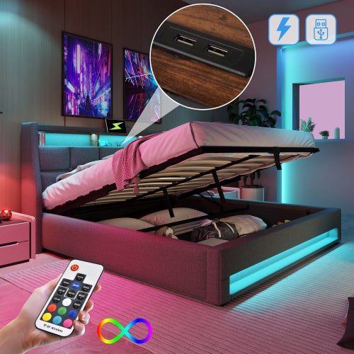 Lit Moderne avec USB et LED 160x200cm, Cadre de Lit Double en Métal ...