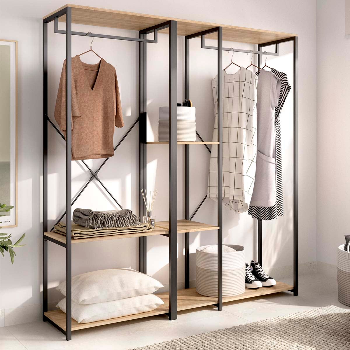 Armario vestidor con Barra y 3 estantes Trok Negro y madera natural ...