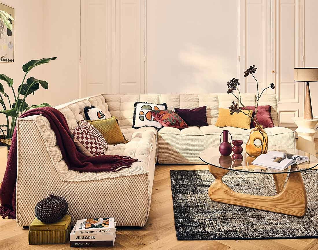 Canapé modulable 5 places angle réversible en velours texturé beige ...