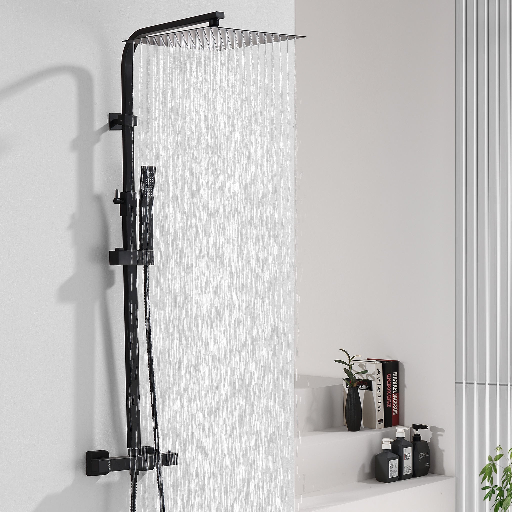 Columna de ducha termostática negra con cabezal de ducha de 12 pulgadas ...