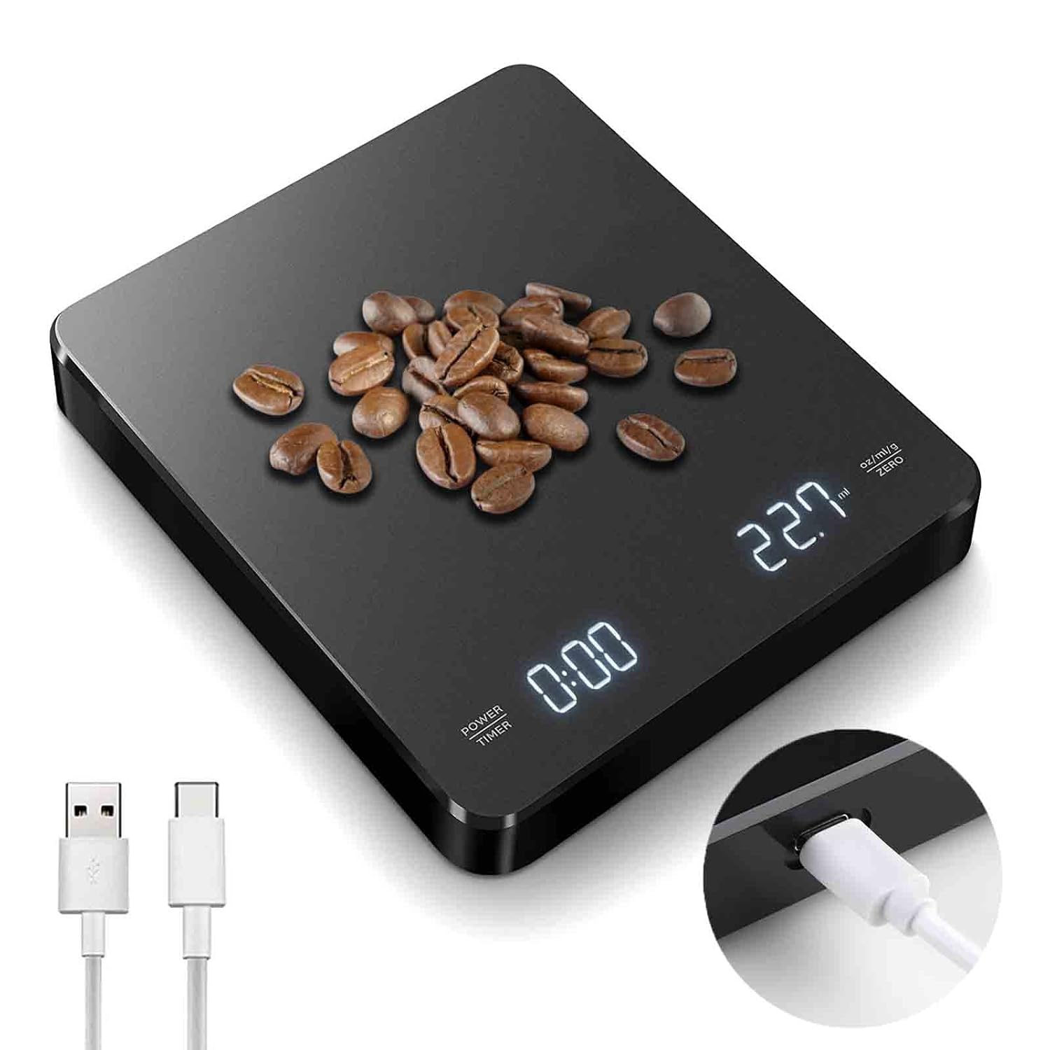 Balance à Café Numérique avec Minuteur, Rechargeable Type-C avec ...