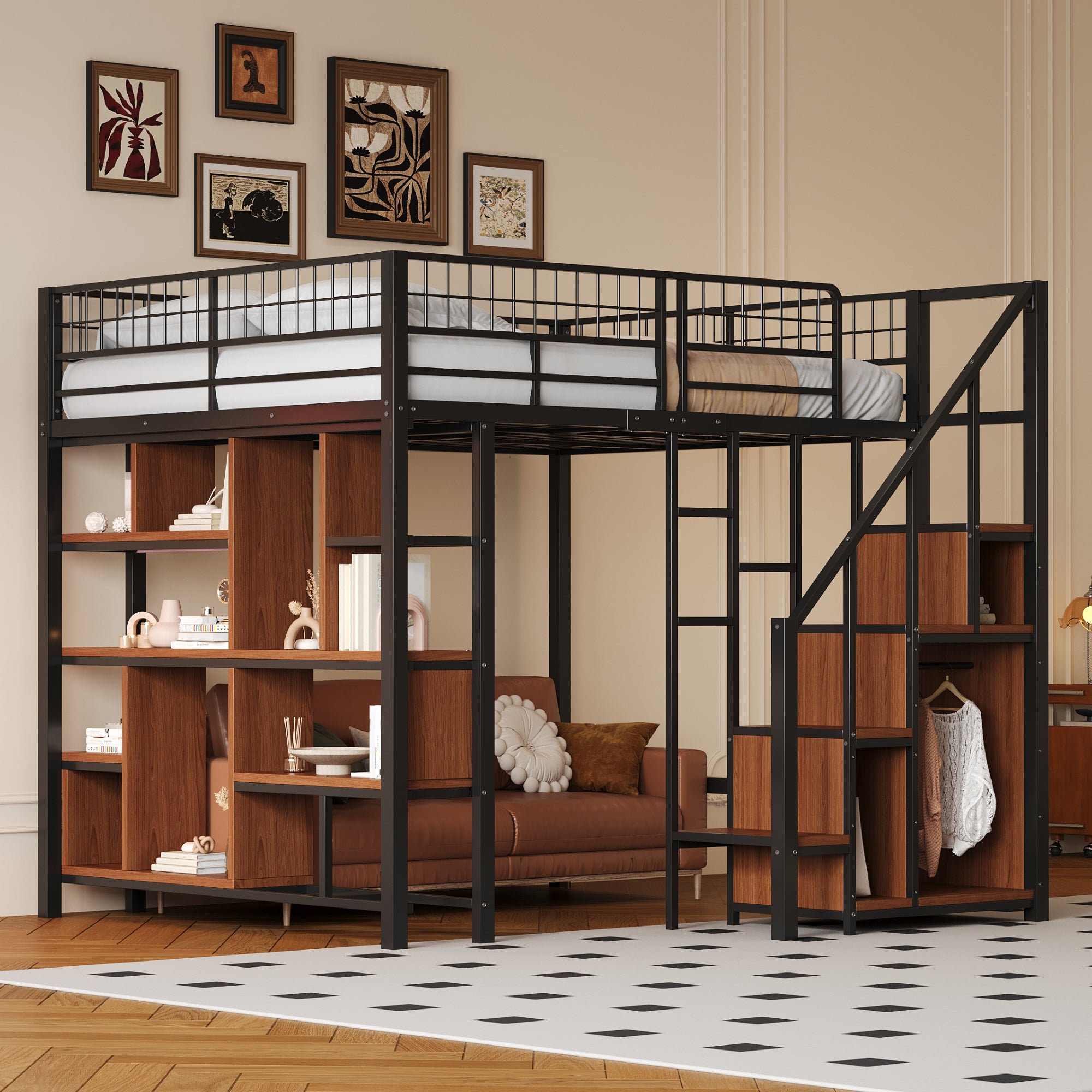 Letto soppalco in metallo 140x200 cm - con ripiani e scale - Nero ...