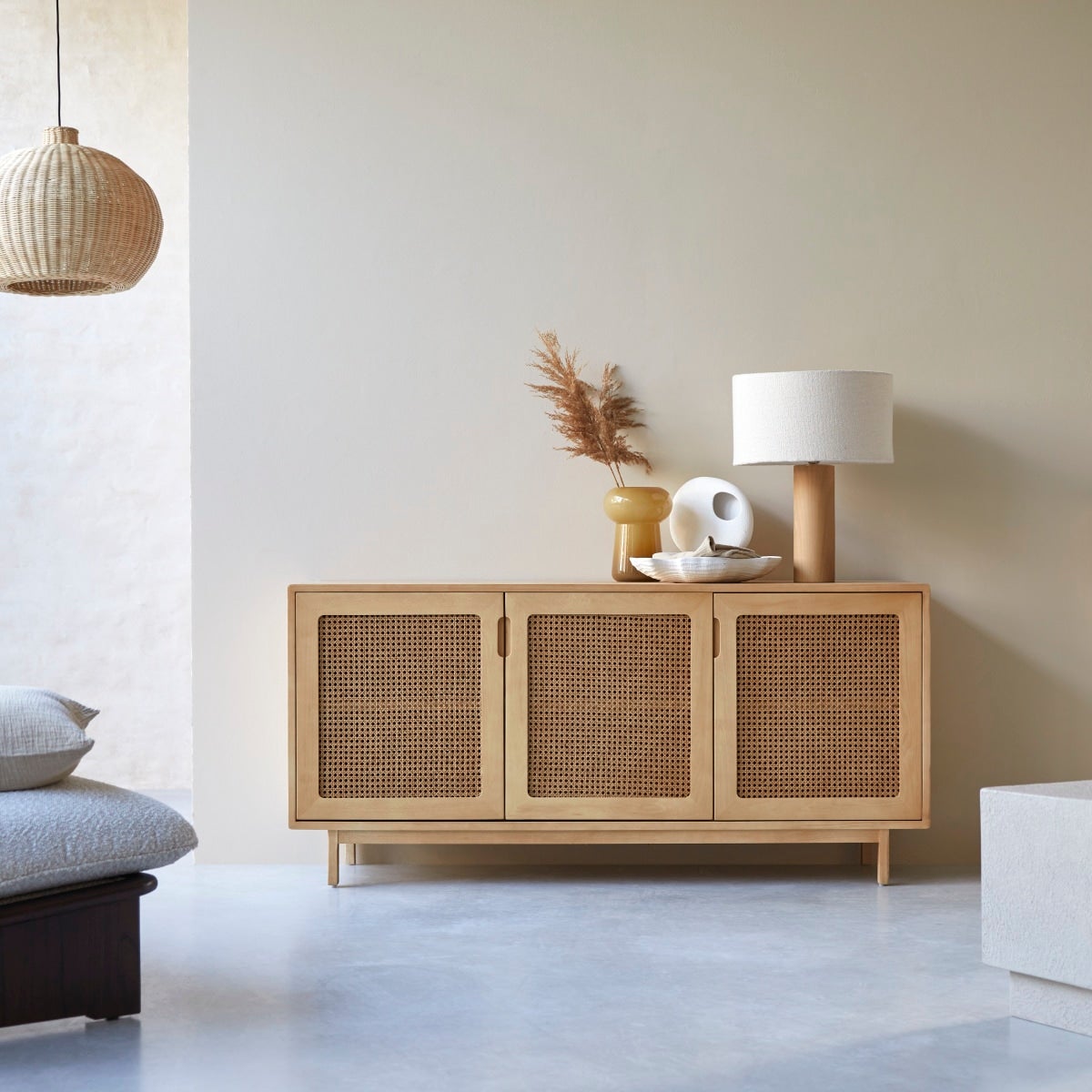 Tikamoon Buffet en bois d'orme massif et cannage Luis 160 cm | Leroy Merlin