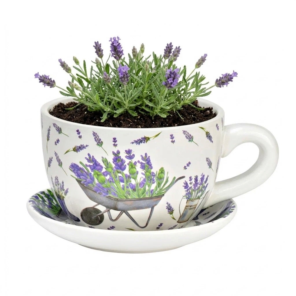 Vase ou pot de fleurs en forme de tasse décor lavande 23 x 25 cm ...