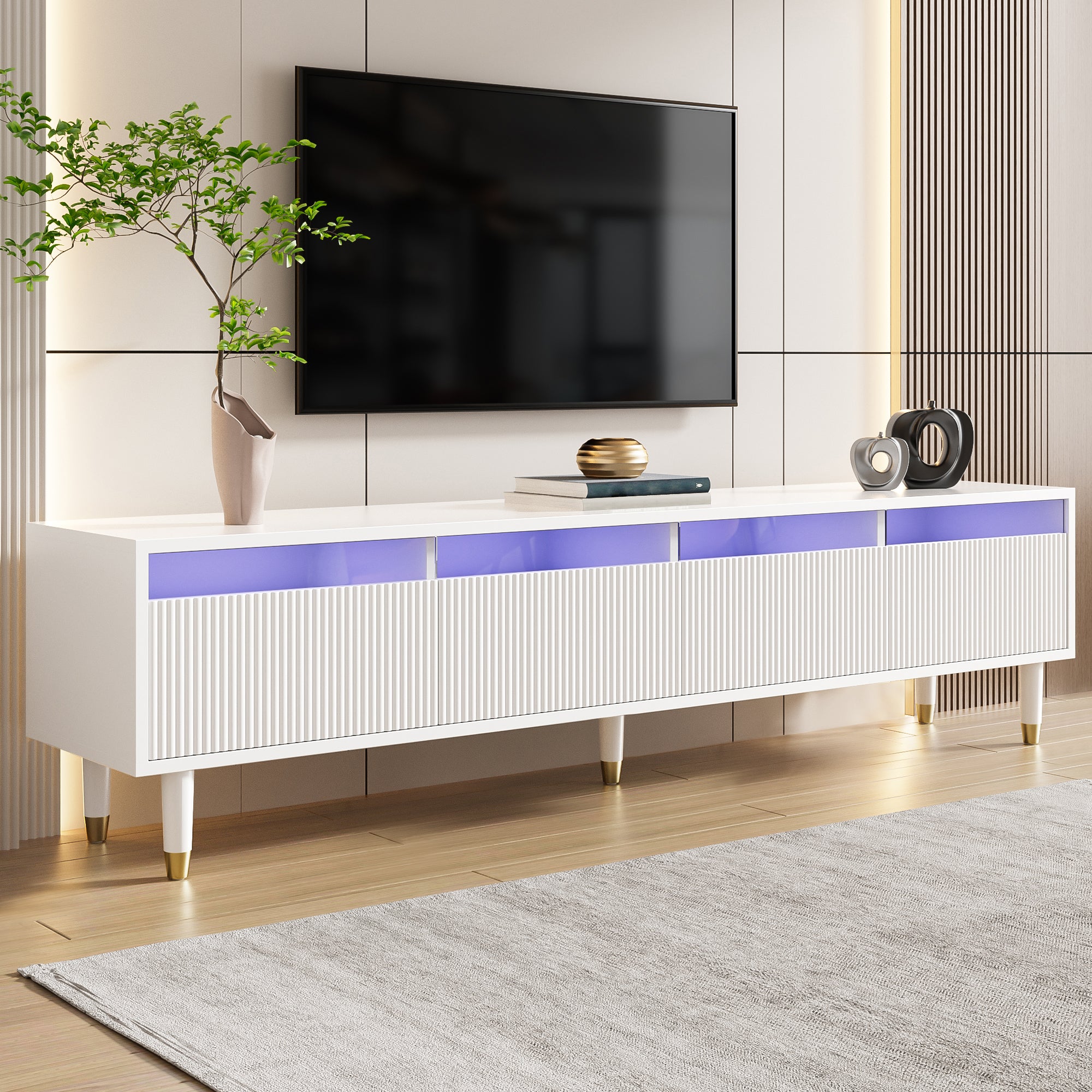 Placard TV blanc 178 cm, minimaliste, 4 tiroirs, MDF acrylique, solide ...