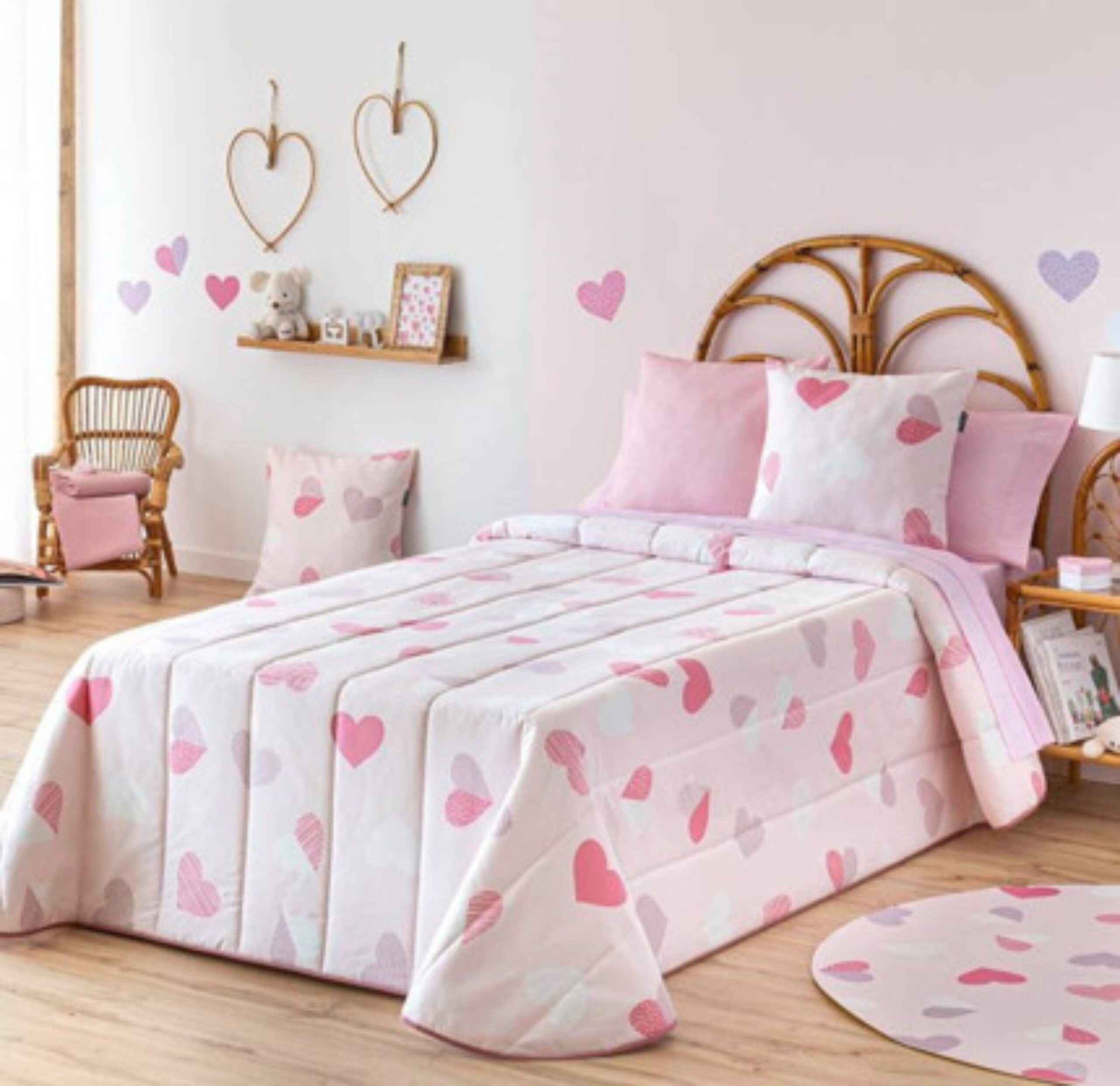 Colcha Bouti Infantil Corazones Relleno 100 gr Rosa para Cama de 150 cm ...