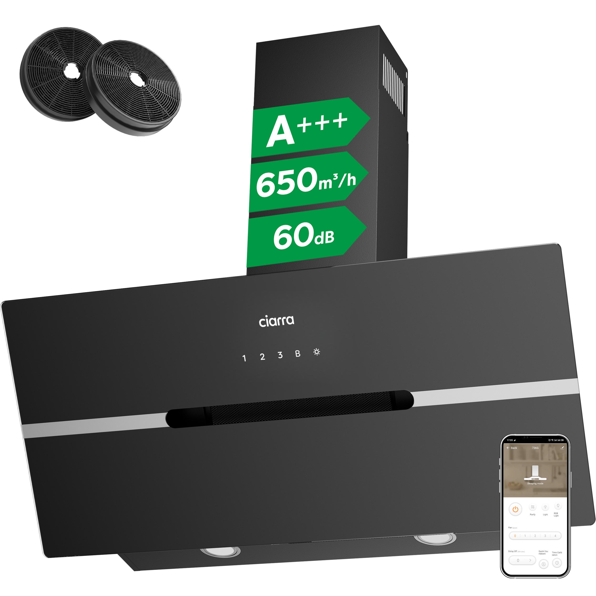 CIARRA Hotte Aspirante 90cm 650m3/h A+++ Wi-Fi Connecté 4 Vitesses ...