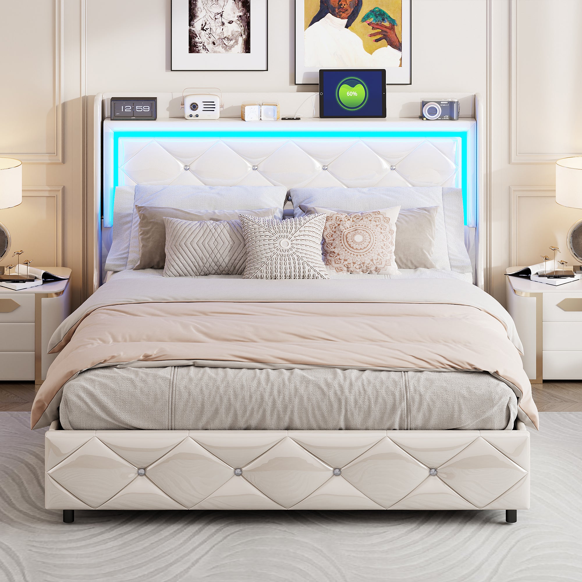 Lit Rembourré 140x200cm avec USB, lit double, lit rangement avec LED ...