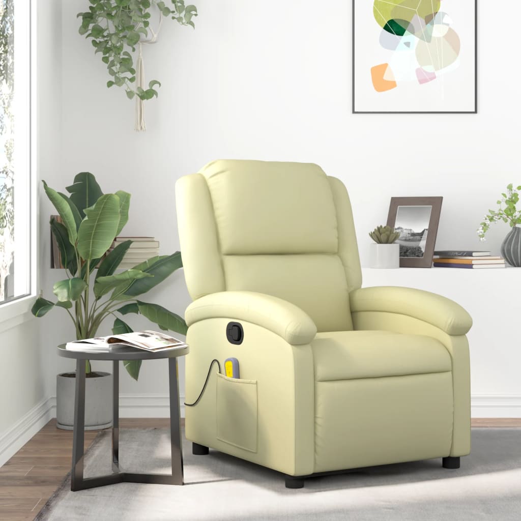 Sillón reclinable de masaje de piel auténtica color crema vidaXL ...