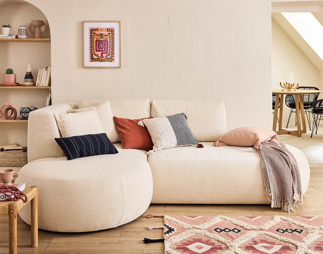 Canapé modulable 4 places angle gauche en tissu texturé beige | Leroy ...