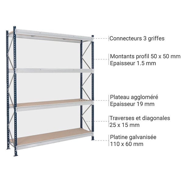 Rayonnage mi lourd 4 niveaux - Module de départ - 2500x1800x600mm ...