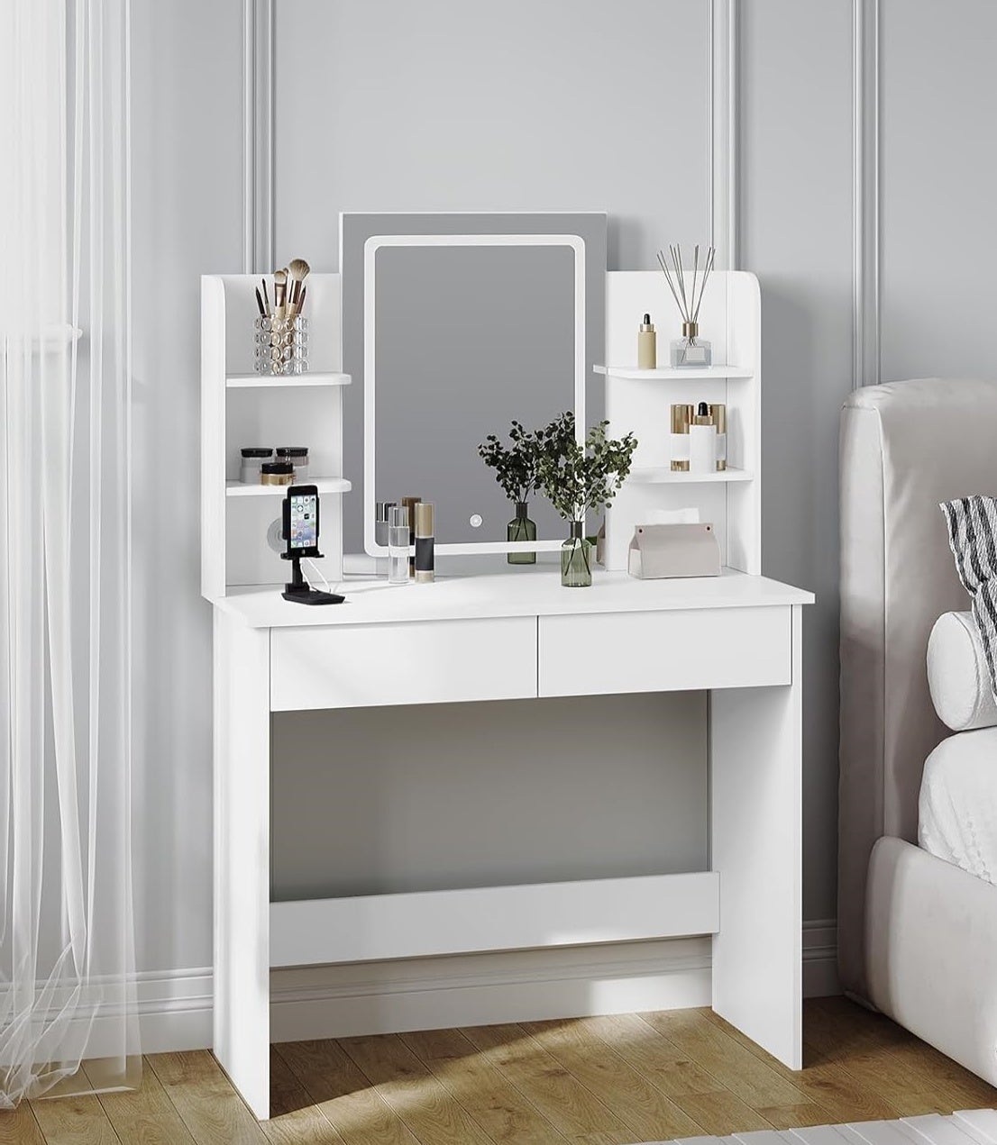 Coiffeuse avec Miroir LED à Luminosité Réglable,2 USB Ports,Table de ...