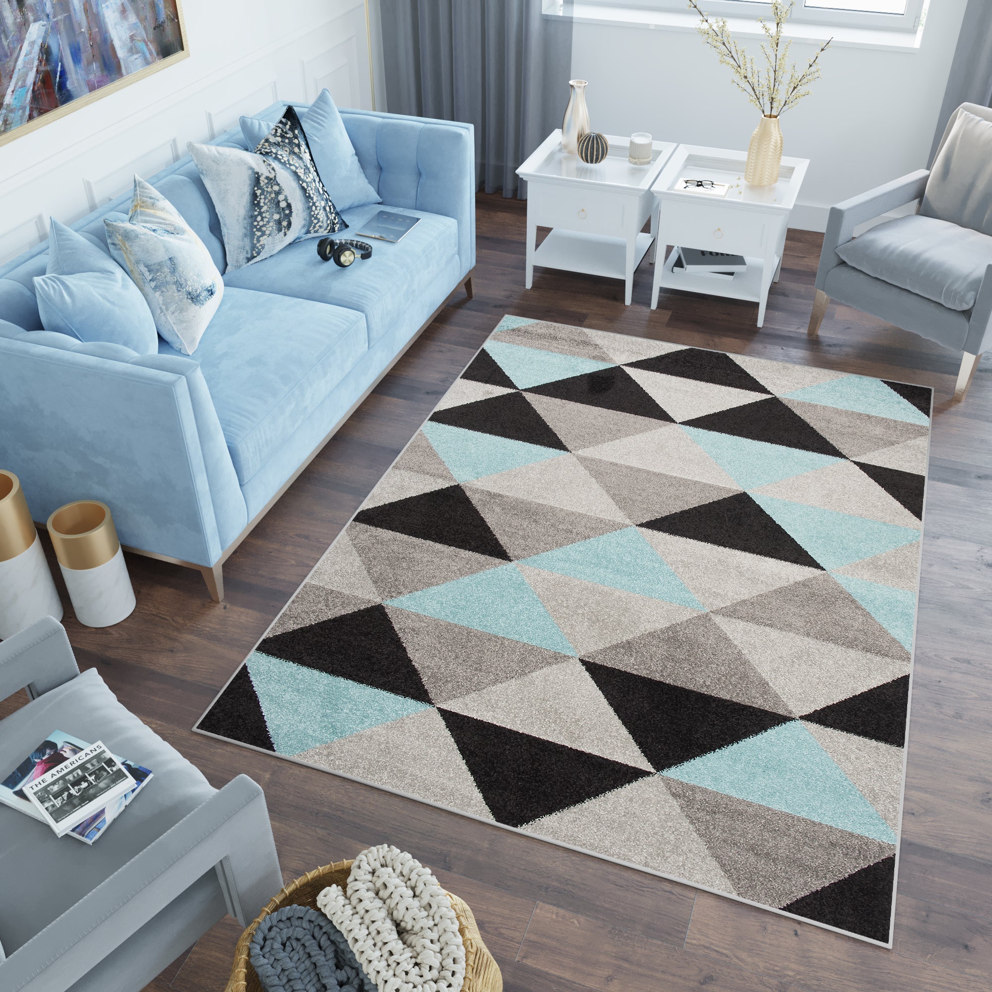TAPISO Lazur Tapis Salon Moderne Noir Turquoise Gris Triangles Doux ...