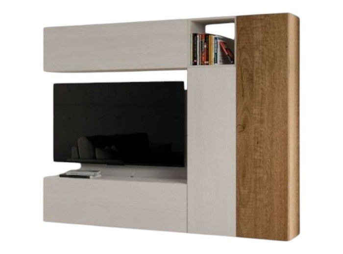 Meuble TV modulable suspendu design blanc et naturel Lina L 214cm - 5 ...