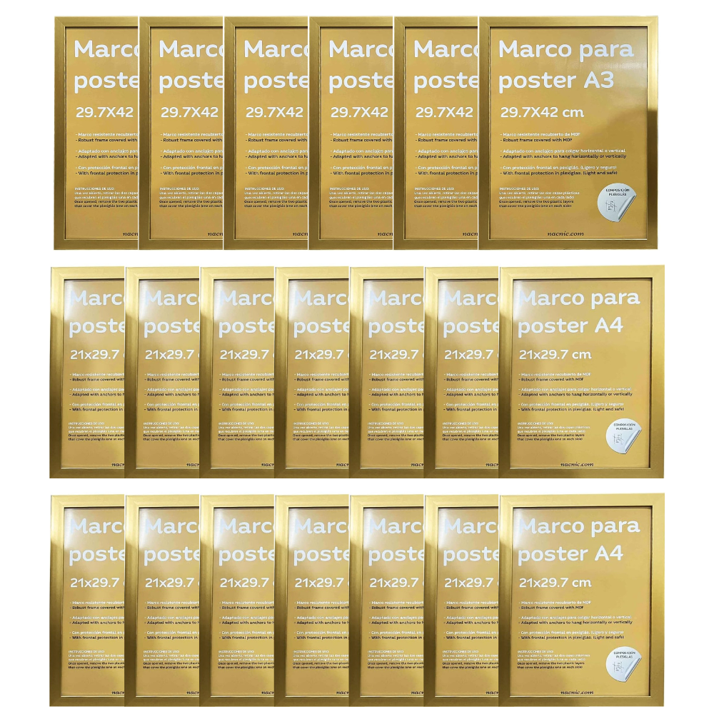 Nacnic - Lot de 18 Cadres - Bois MDF Doré et Plexiglas-6 Cadres A3 et ...