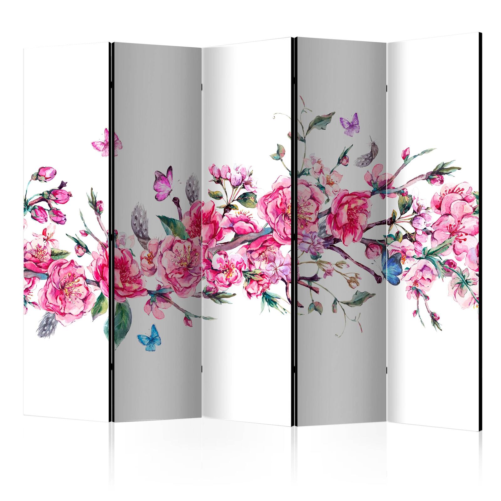 Paravent Floral 5 Volets Design Fleurs et Papillons Déco 225 x 172 cm ...