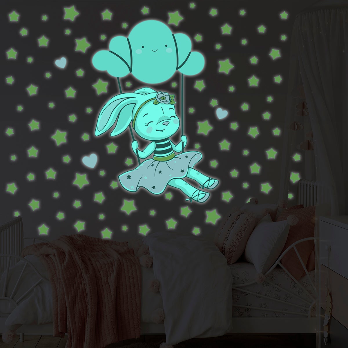 Vinilos fosforescente columpio conejo en la nube + 100 estrellas ...