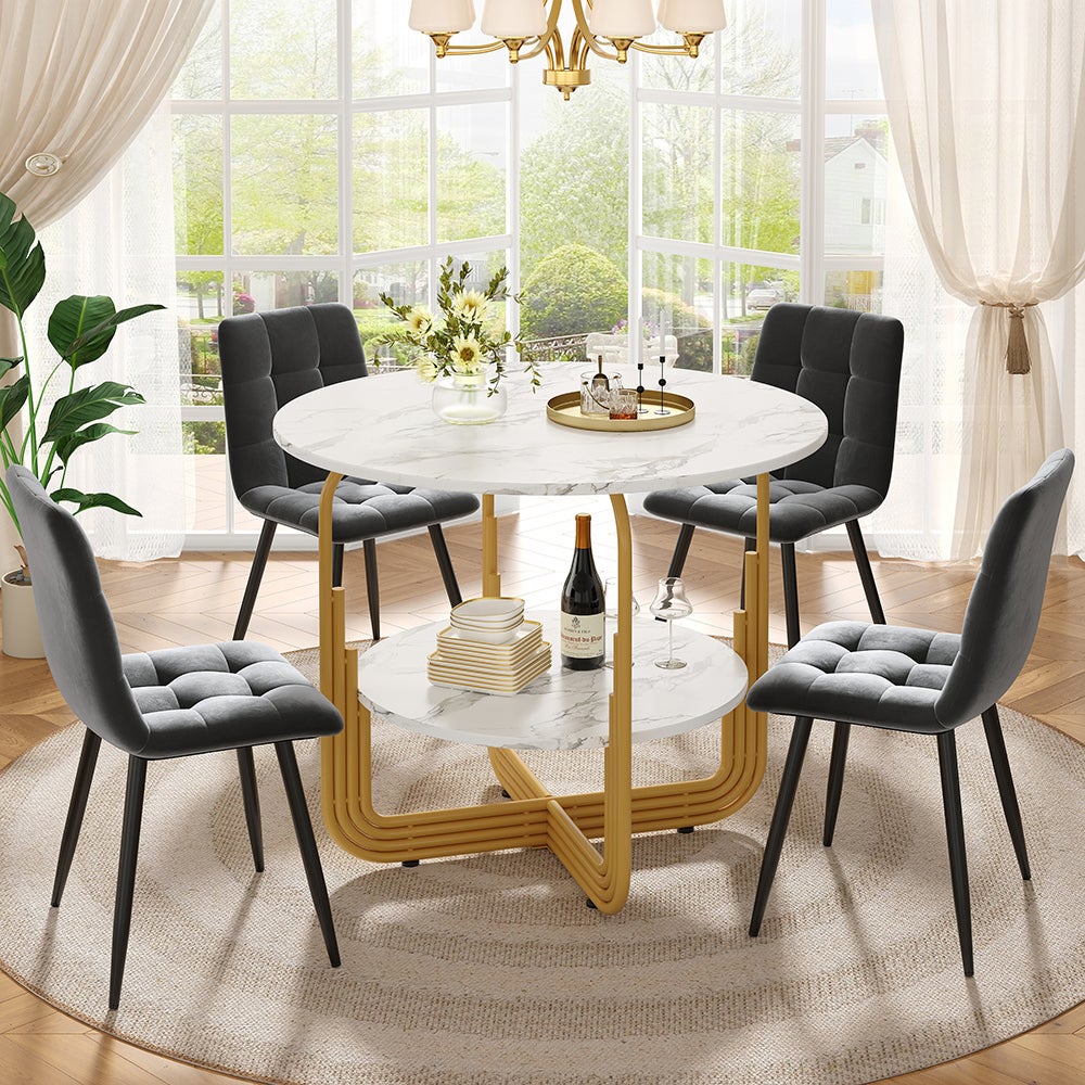 Table à manger ronde 80cm, pieds dorés, plateau marbré, 4 chaises ...