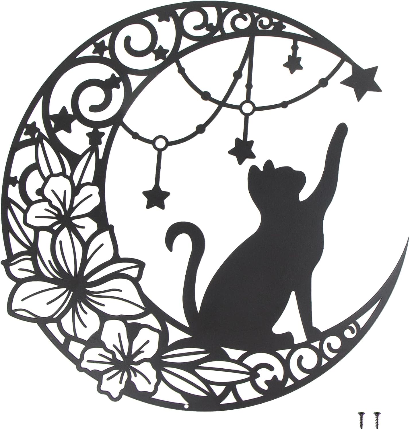 Décoration murale ronde en métal noir de 30 cm, motif chat cueillant ...
