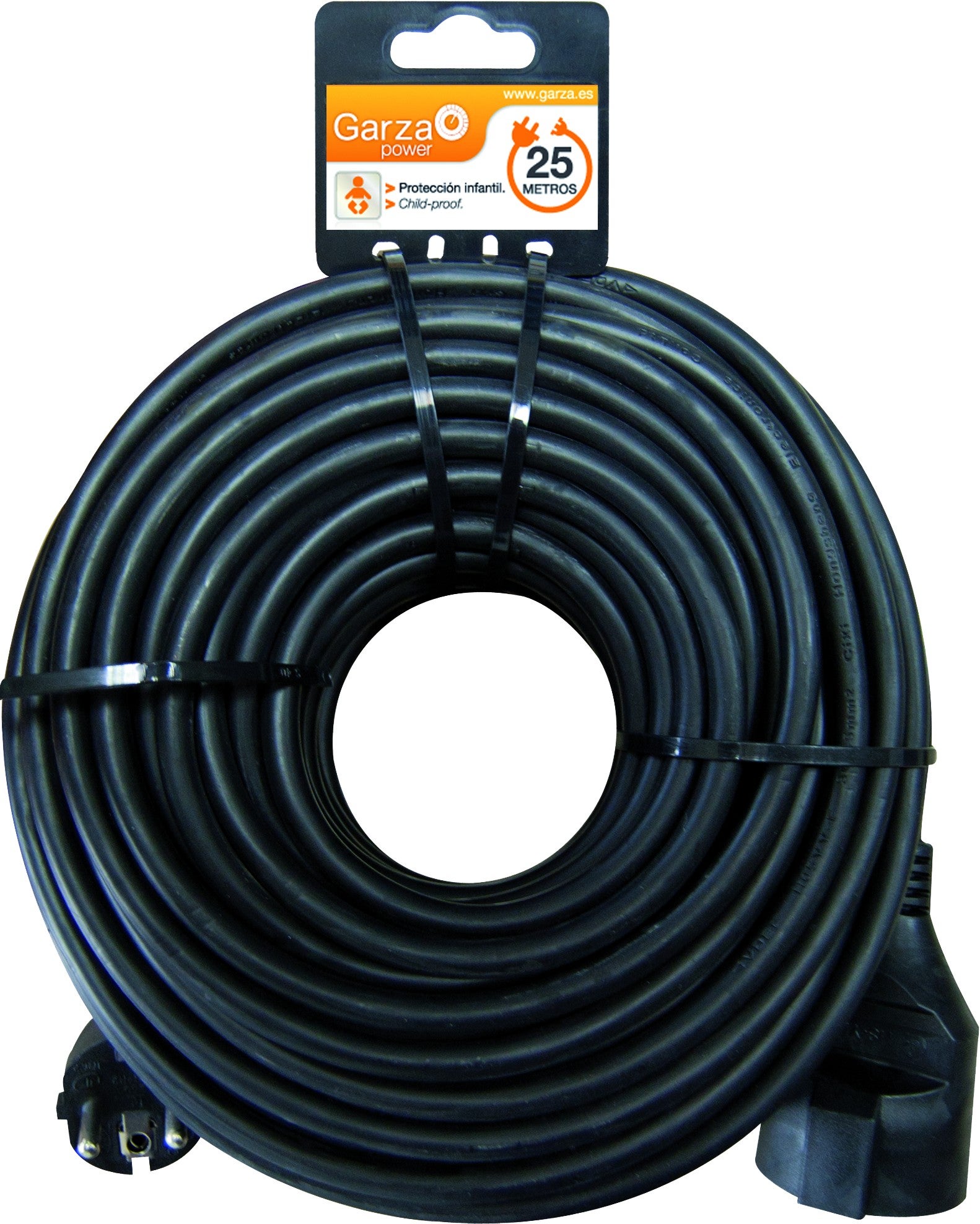Garza - Cable alargador de corriente doméstico de 25 metros, negro, con ...