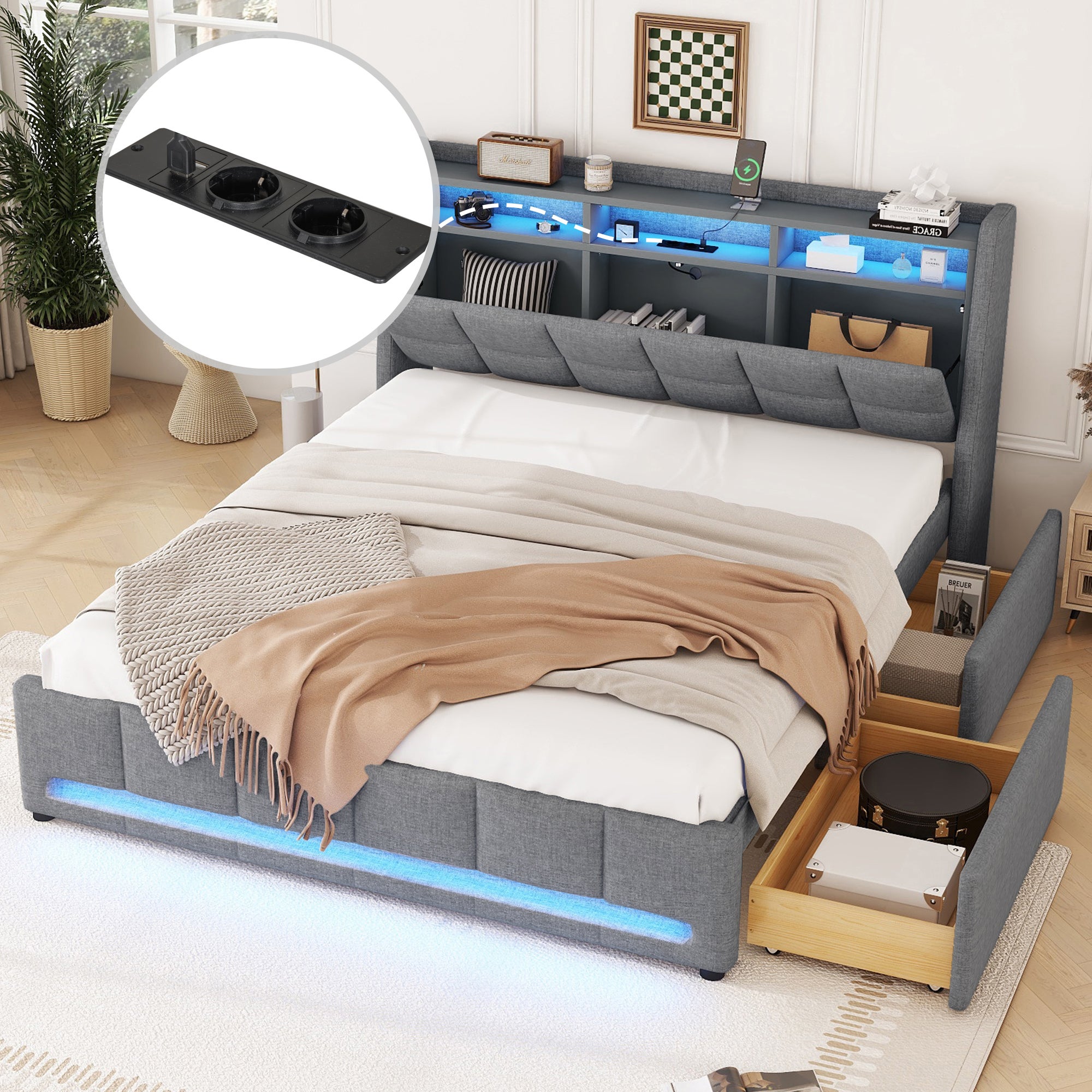 Lit 140x200 - Tiroir de rangement - Tête de lit avec LED et USB - Linge ...