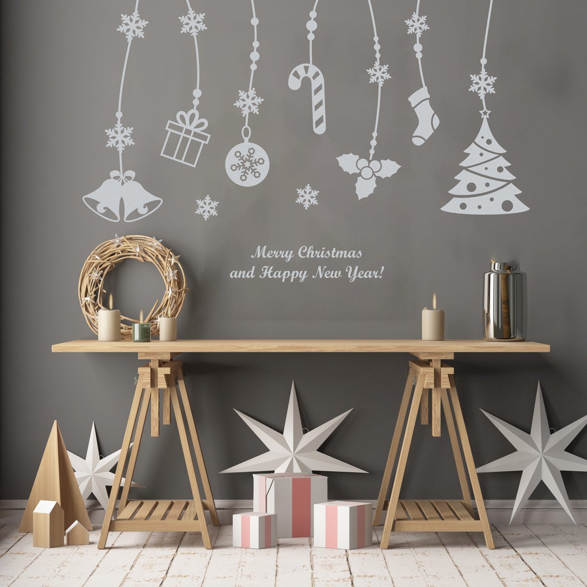 Sticker Merry christmas and happy new years - 90x115cm - argent ...