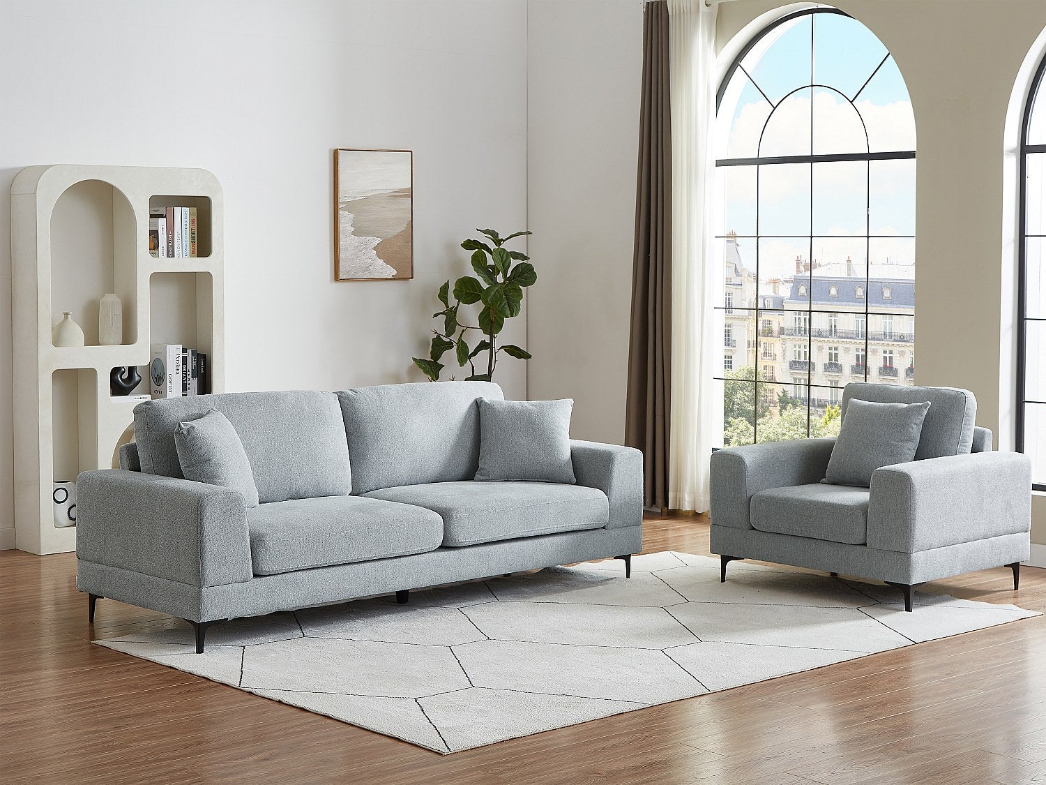 Sofá de 3 plazas y sillón en tela texturizada gris claro JAMOLO | Leroy ...