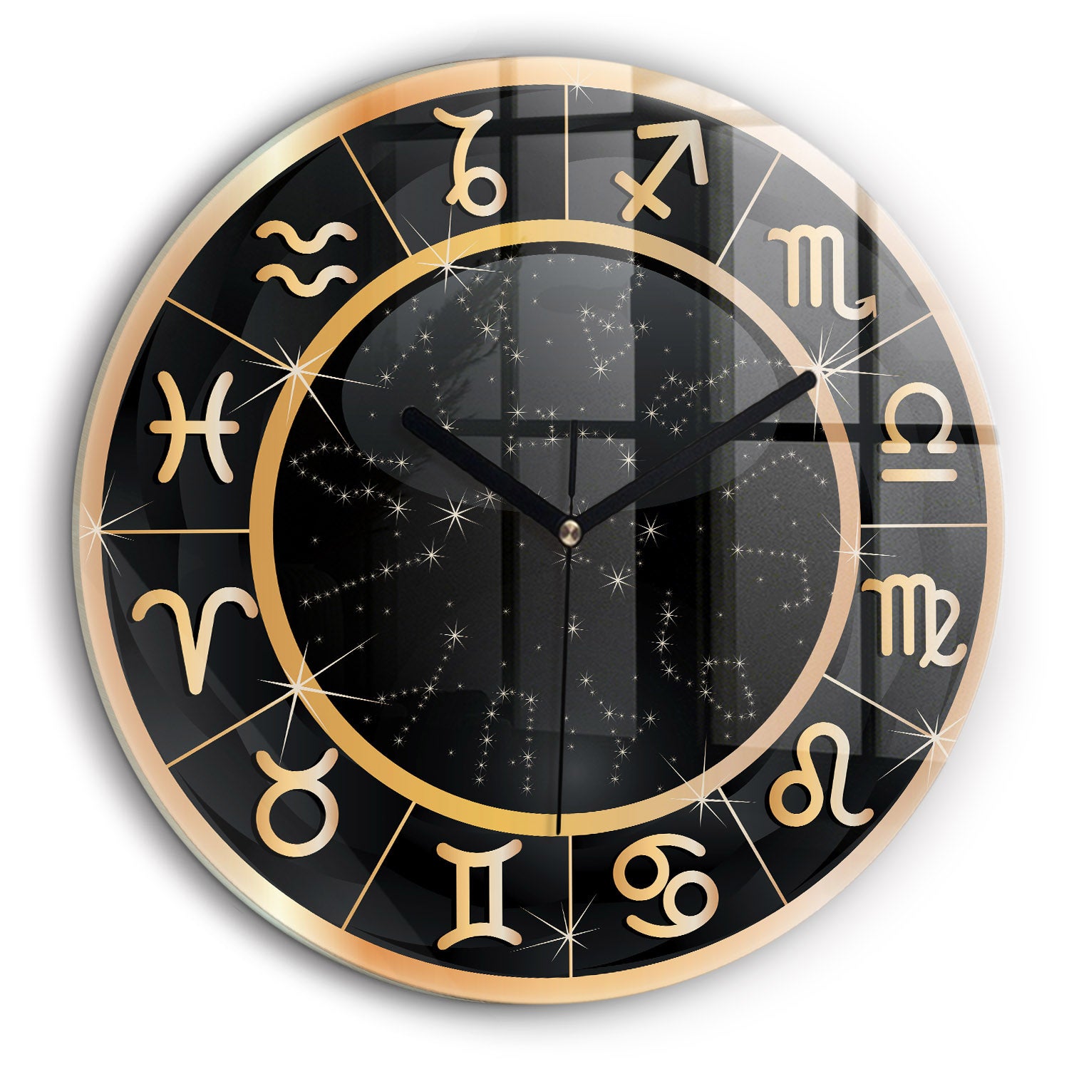 Horloge ronde en verre imprimé | 60x60 | Pointes noires | Signes du ...