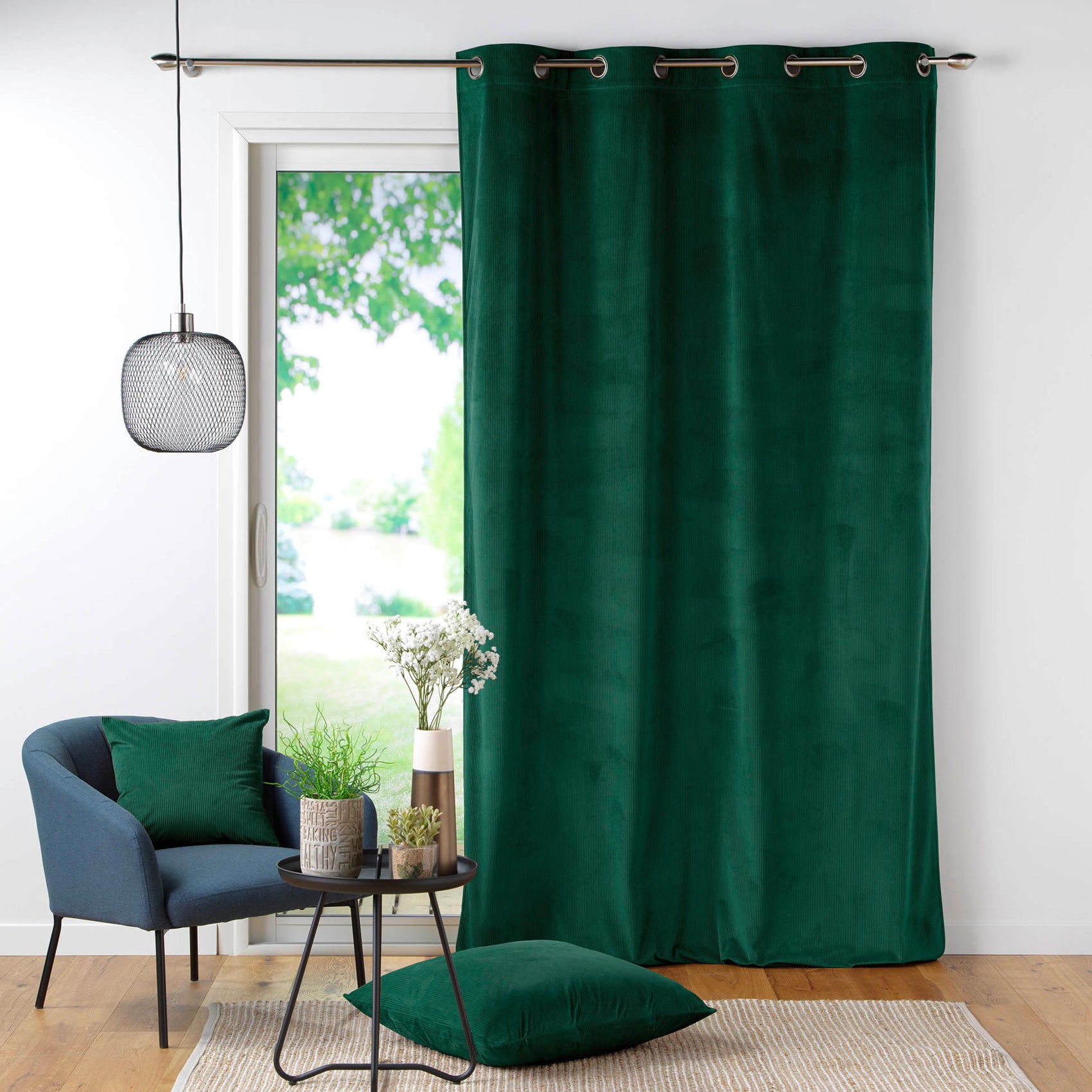 Rideau à Oeillets Casual Sauge Velours Côtelé Uni - Vert foncé ...