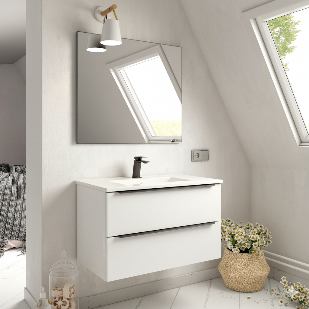 Meuble de salle de bain LYON 2 Tiroirs + 1 Porte Blanc laqué 60x45 cm ...