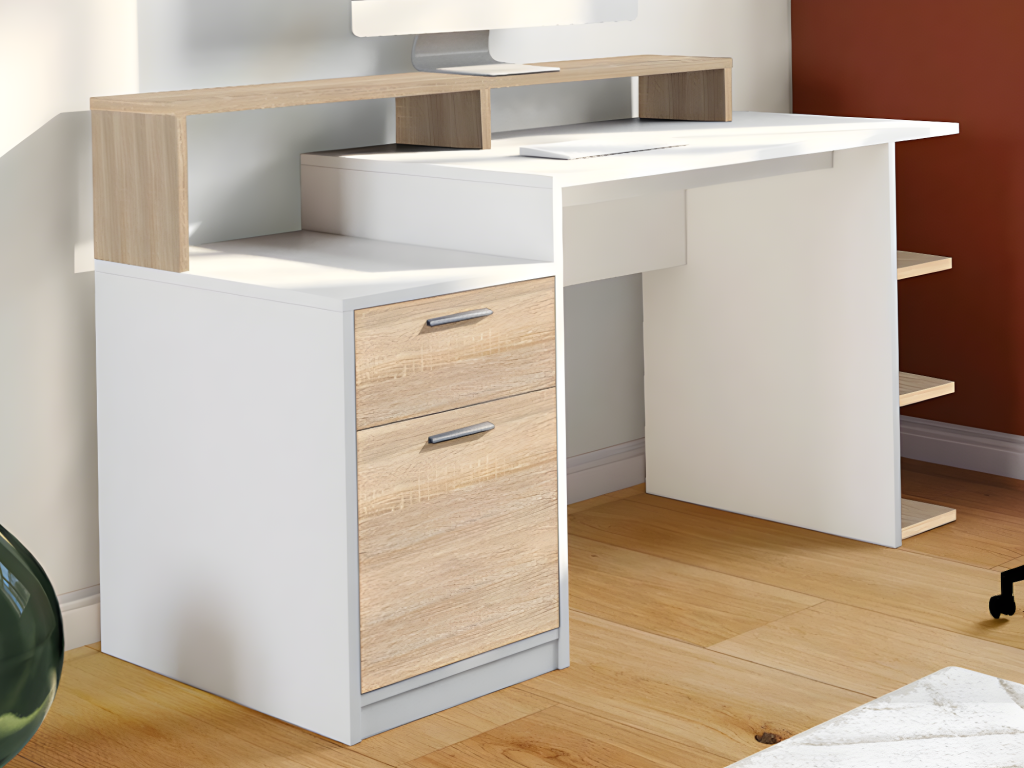 Bureau avec rangements ZACHARIE - Blanc et chêne | Leroy Merlin