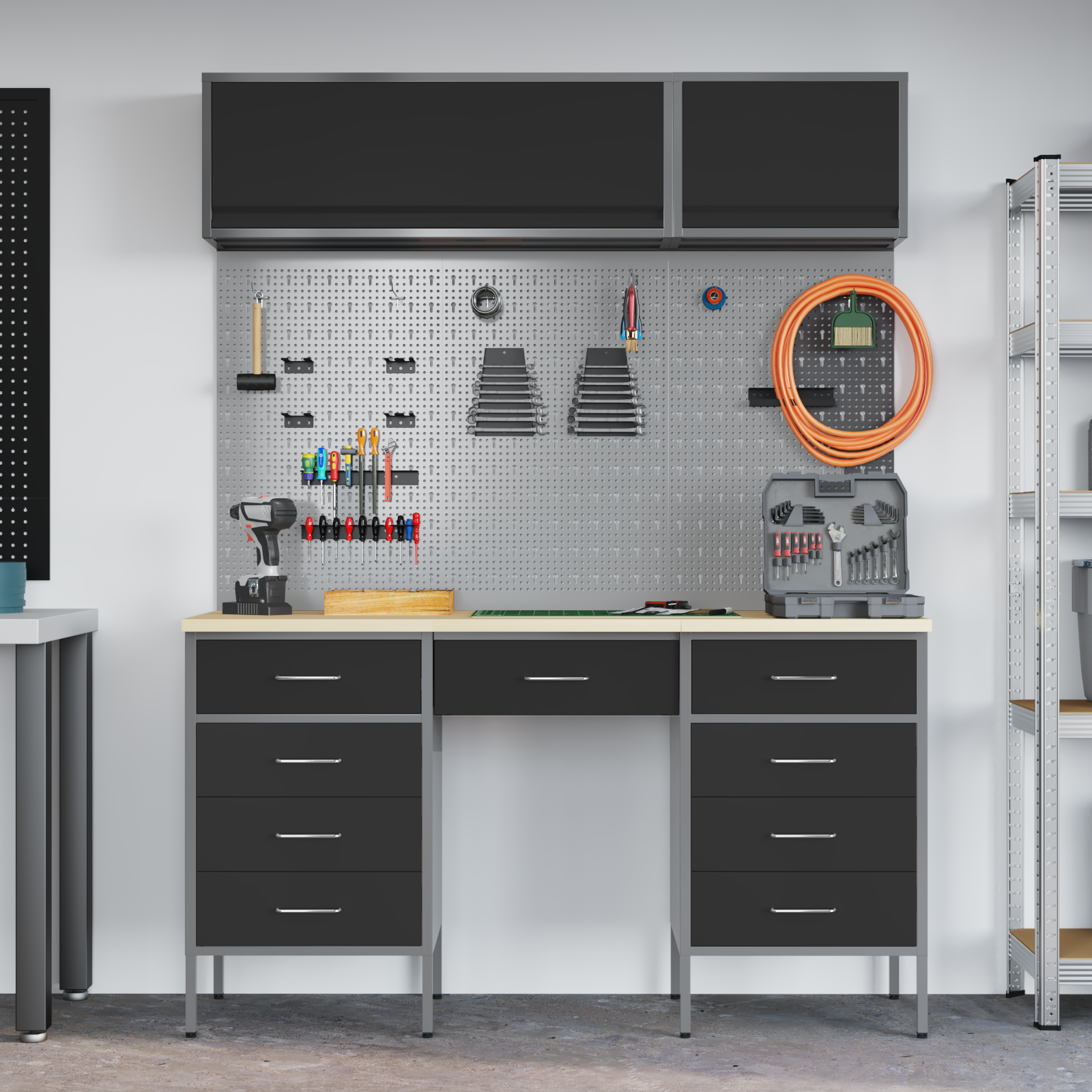 VidaXL Mueble de trabajo y panel perforado 8 piezas MDF y metal negro ...