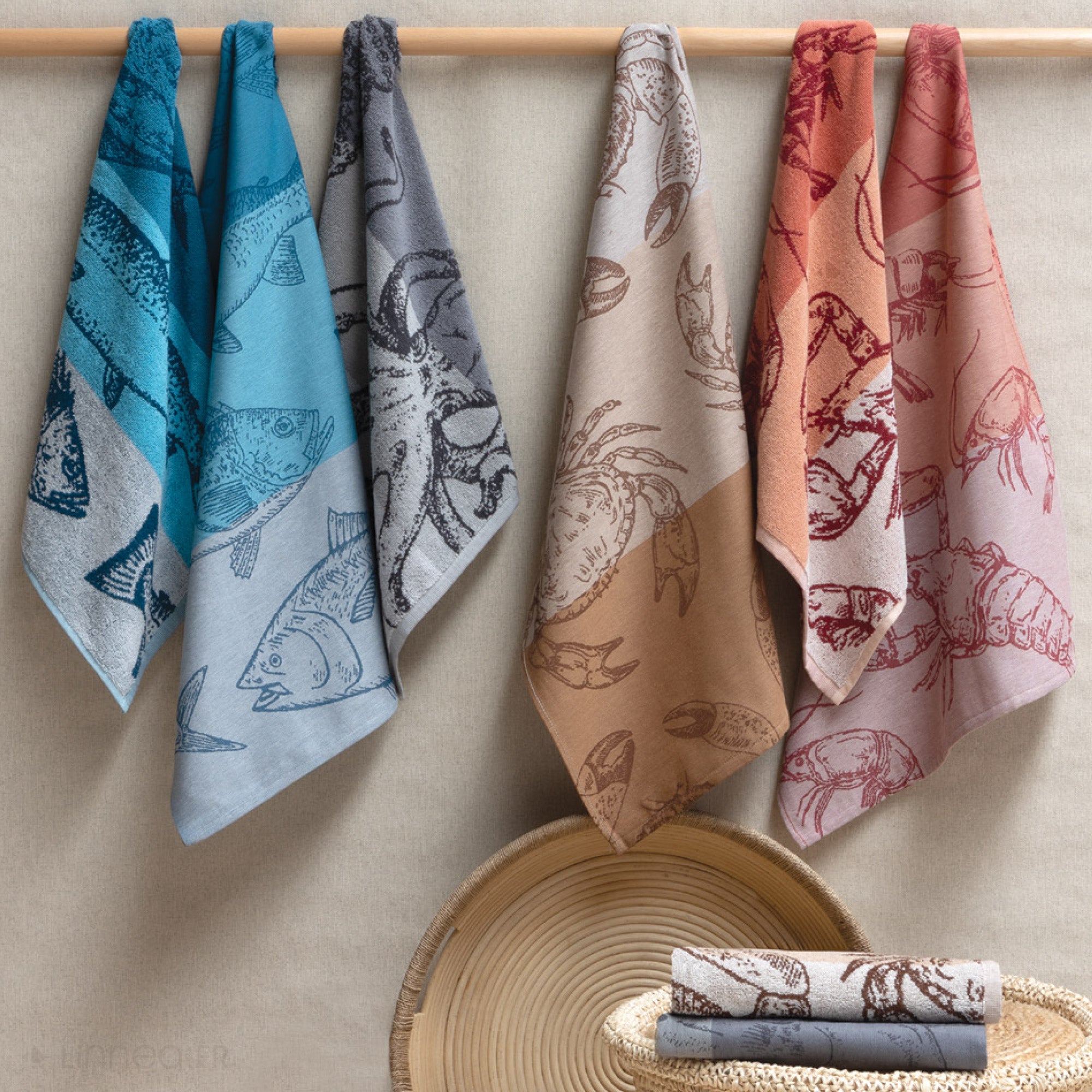 Lot de 2 torchons de cuisine 50x50 cm coton ATLANTIC motif poisson bleu ...