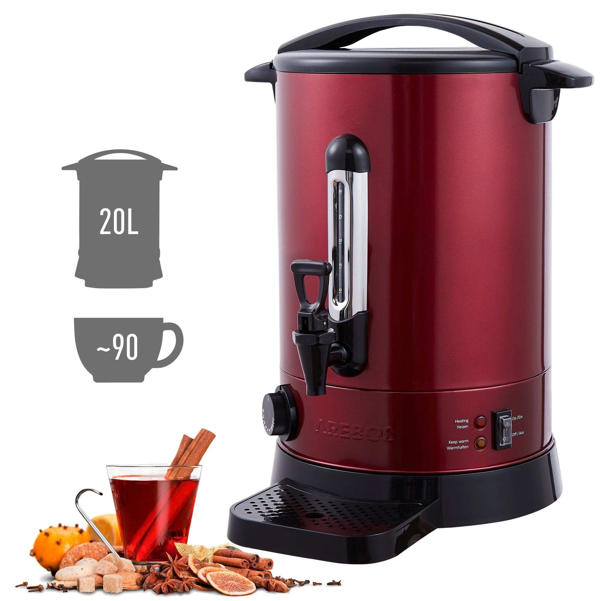 Distributeur de Boisson Chaudes 1650W Chaudière à eau 20L 90 Tasses Thé ...
