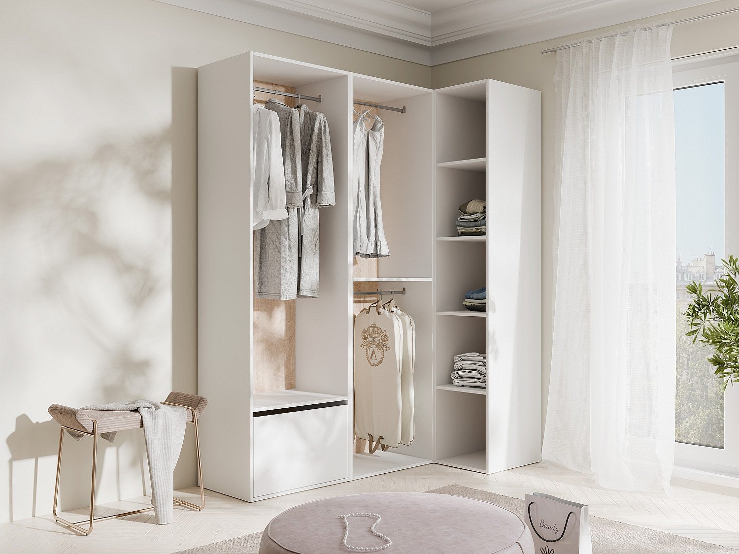 Dressing d'angle modulable - L144,5 cm - Blanc et naturel - TAMOKA ...
