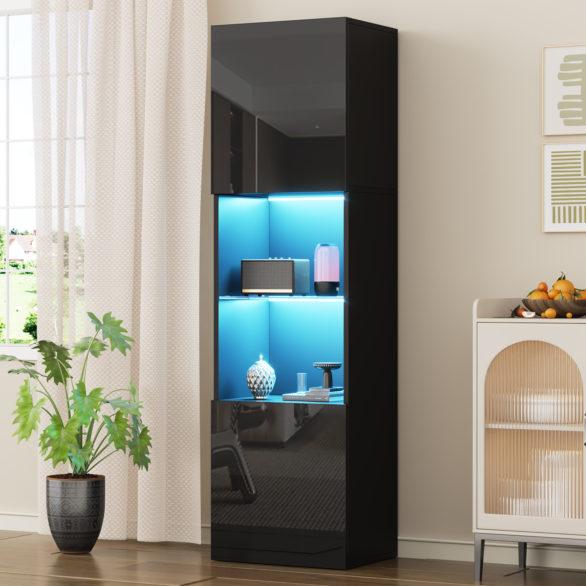 Vitrine noire brillante avec éclairage LED, 1 étagère en verre, 45*35 ...