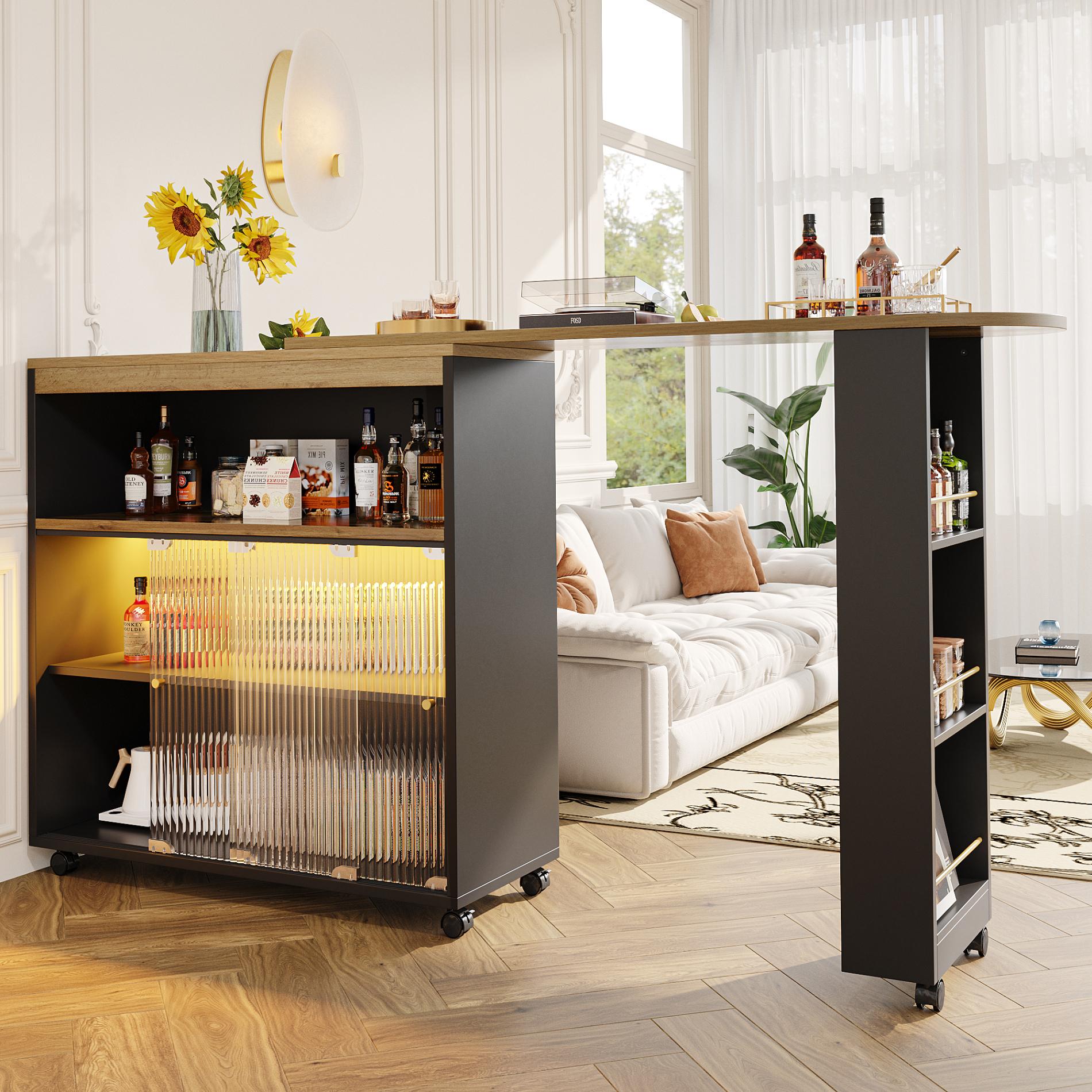 Table de Bar Extensible avec Rangement et LED, Table de Bar ...