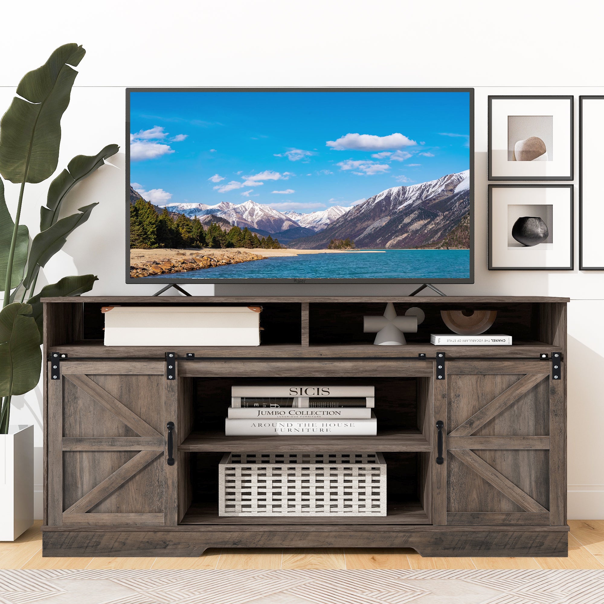 Meuble TV 150 cm - 2 portes coulissantes et 4 niches - panneaux de ...