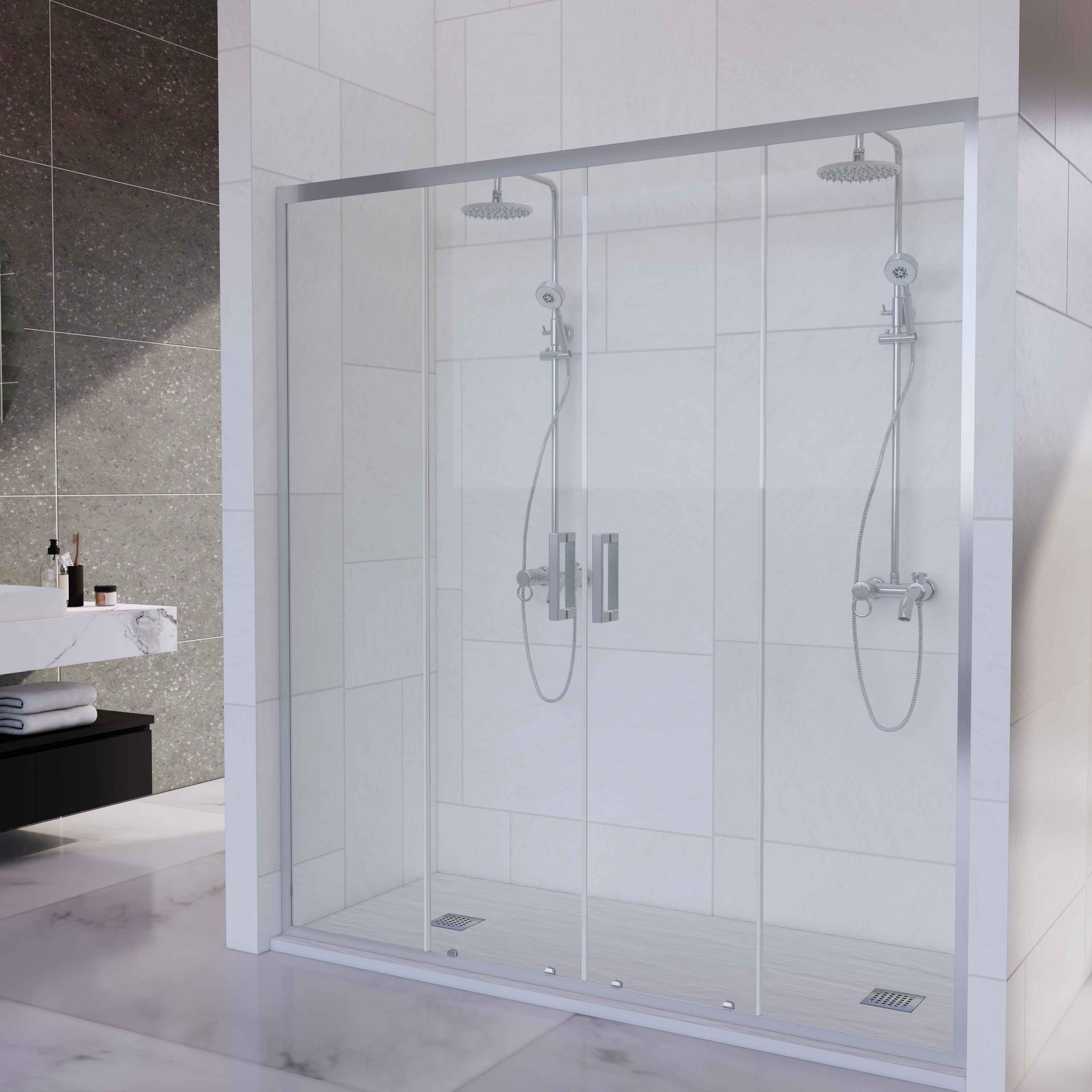 Mampara ducha frontal 185cm corredera-2 puertas + 2 fijos-Perfil Inferior Plata Brillo-Cristal ...