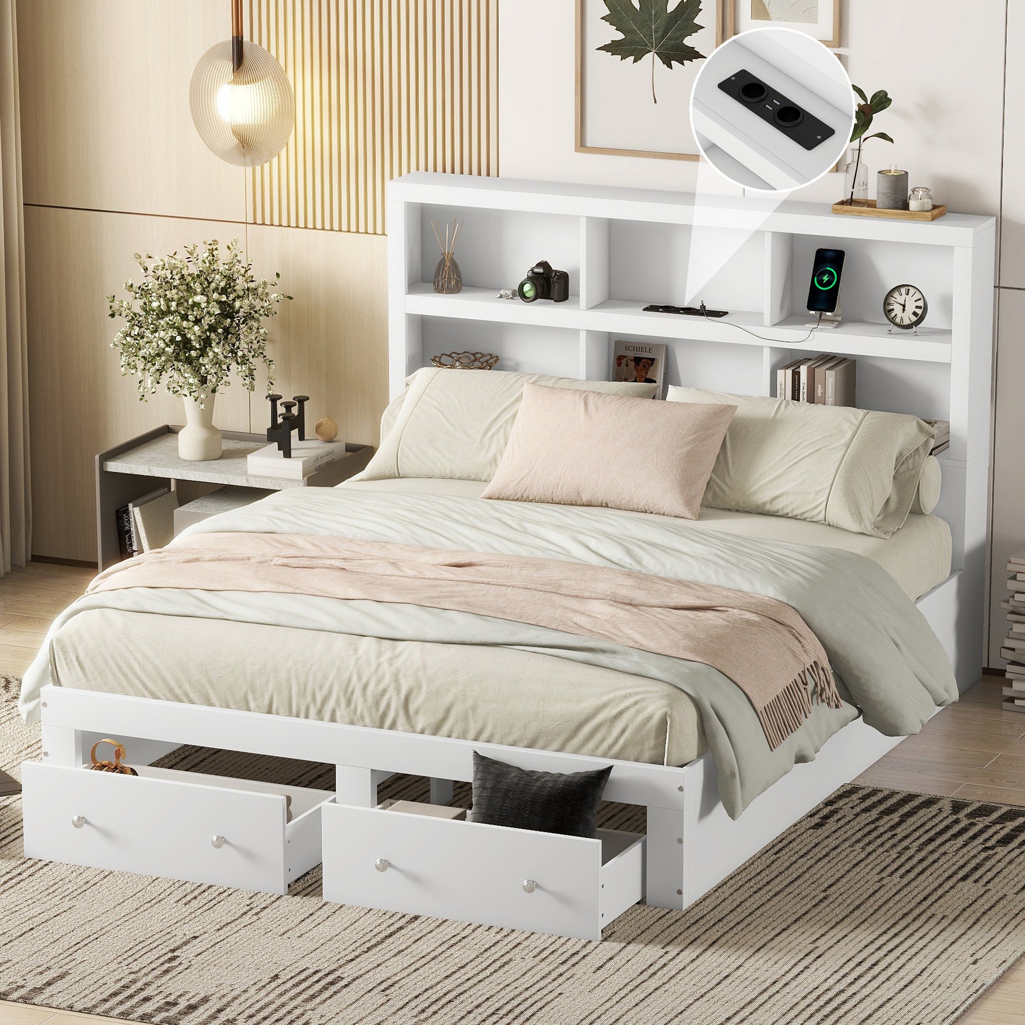 Lit avec rangement de tête de lit - 160 x 200 cm - 2 tiroirs - bois ...