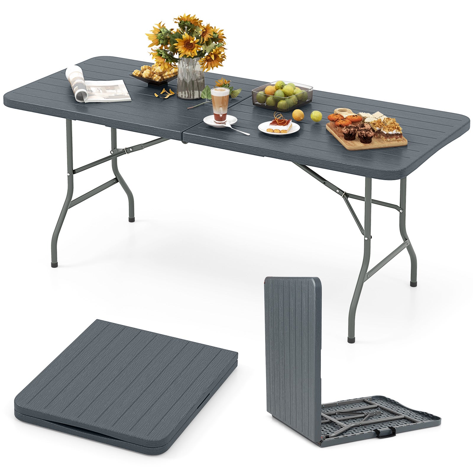Table Pliable Portable 180 Cm Table Pliable En Deux Avec Plateau Hdpe Effet Bois Verrouillage