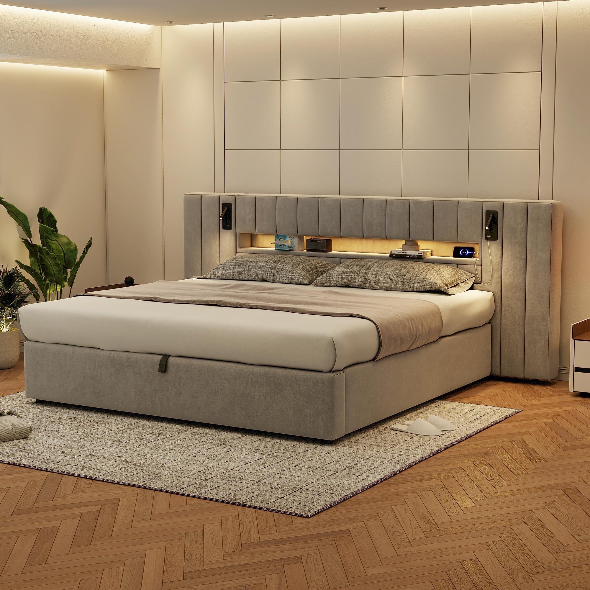 Cadre de lit 180 x 200 cm avec port USB - Lit capitonné, lit double ...