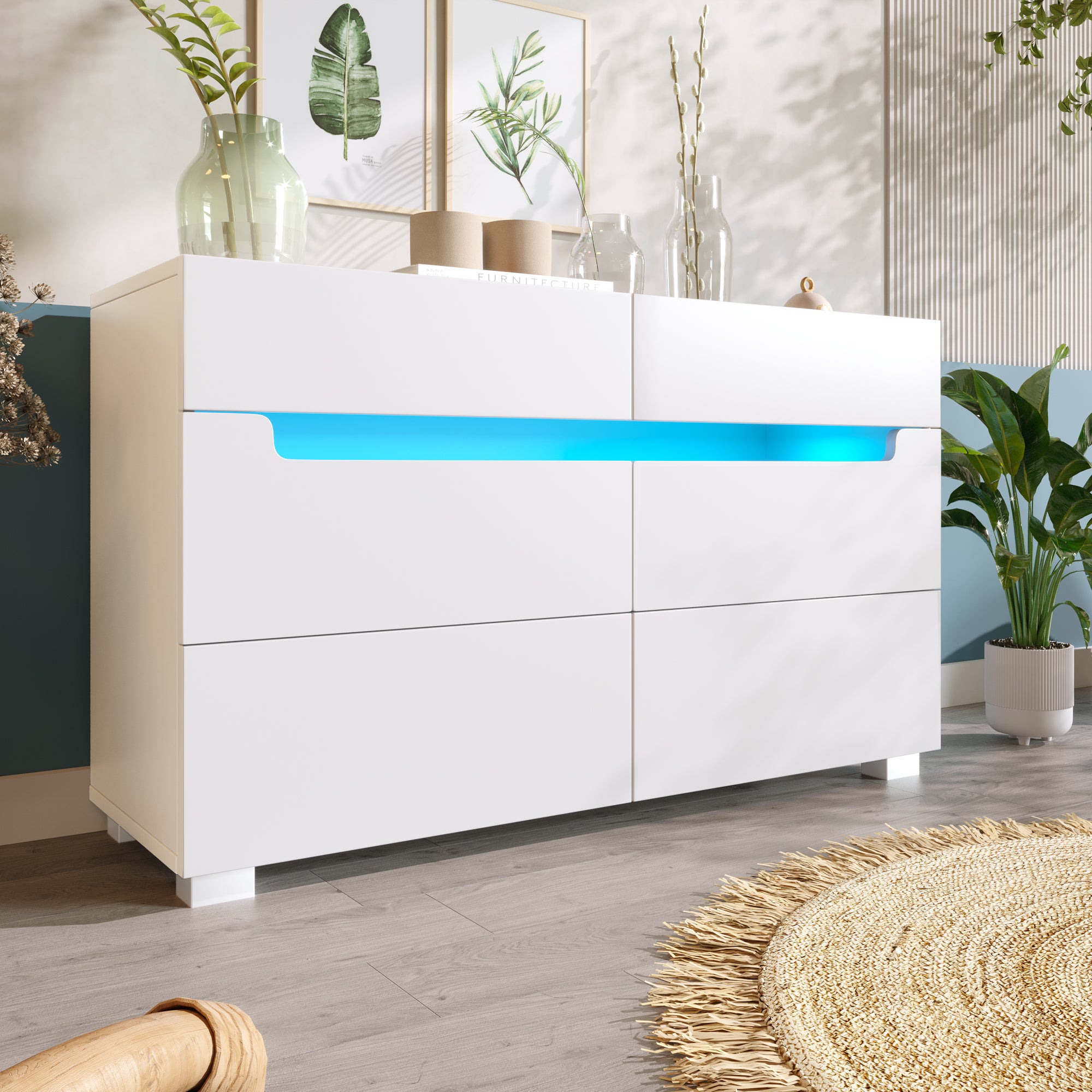 Commode à 6 tiroirs, commode blanche avec éclairage LED, pour salon et ...