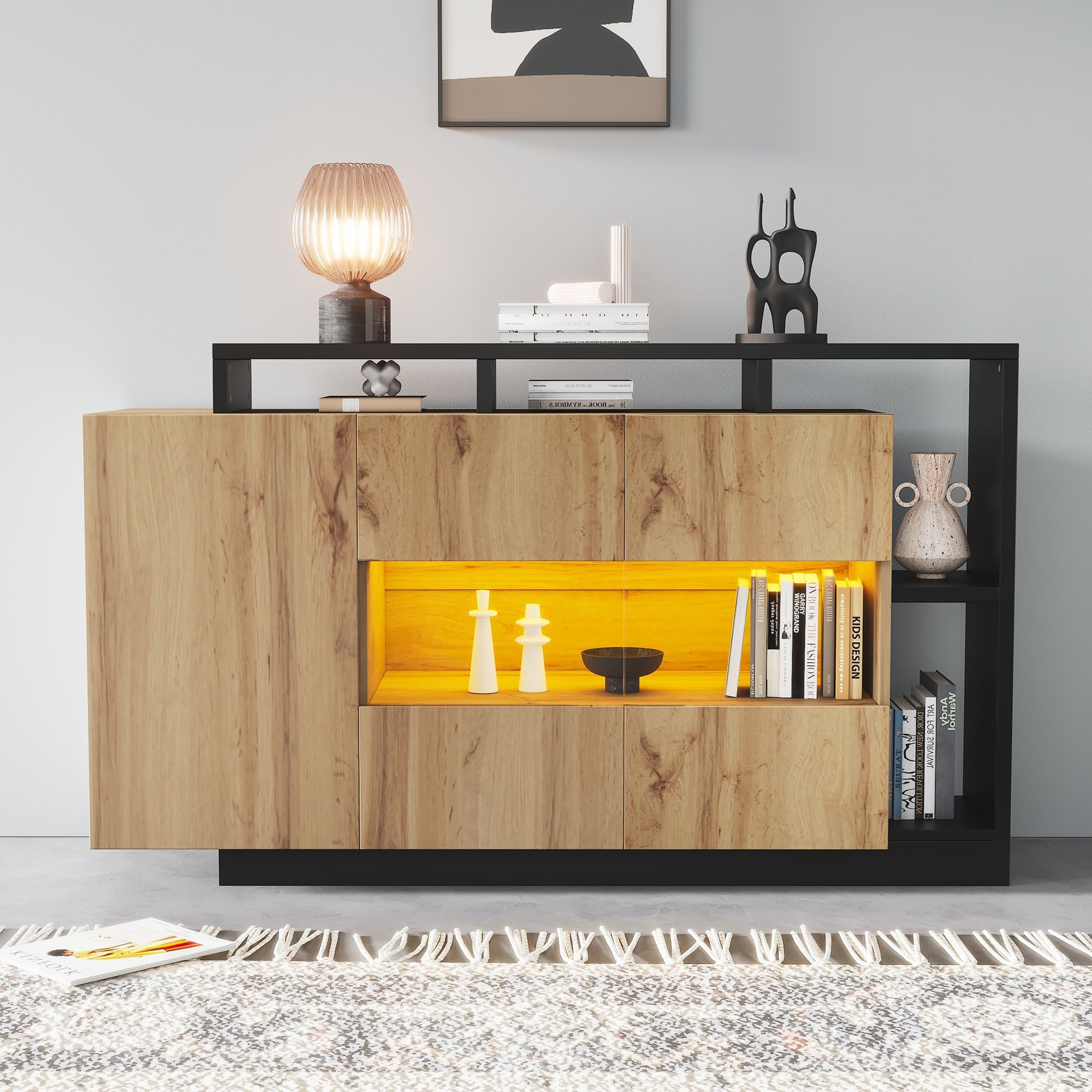Buffet LED - Contrôle Bluetooth - Armoire en verre MDF - Couleur bois ...